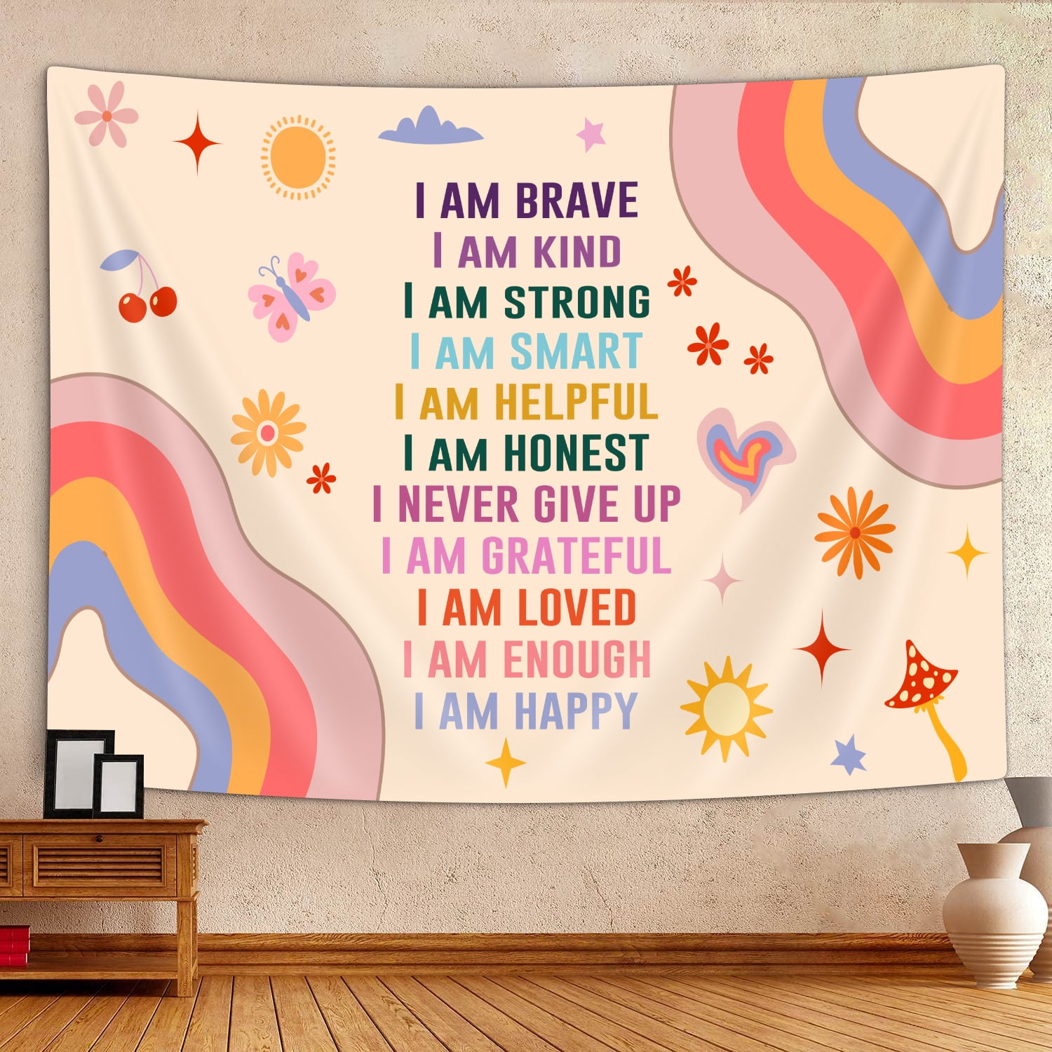 Motivational Tapestry for Classroom, Boho Colorful Rainbow Aesthetic ...