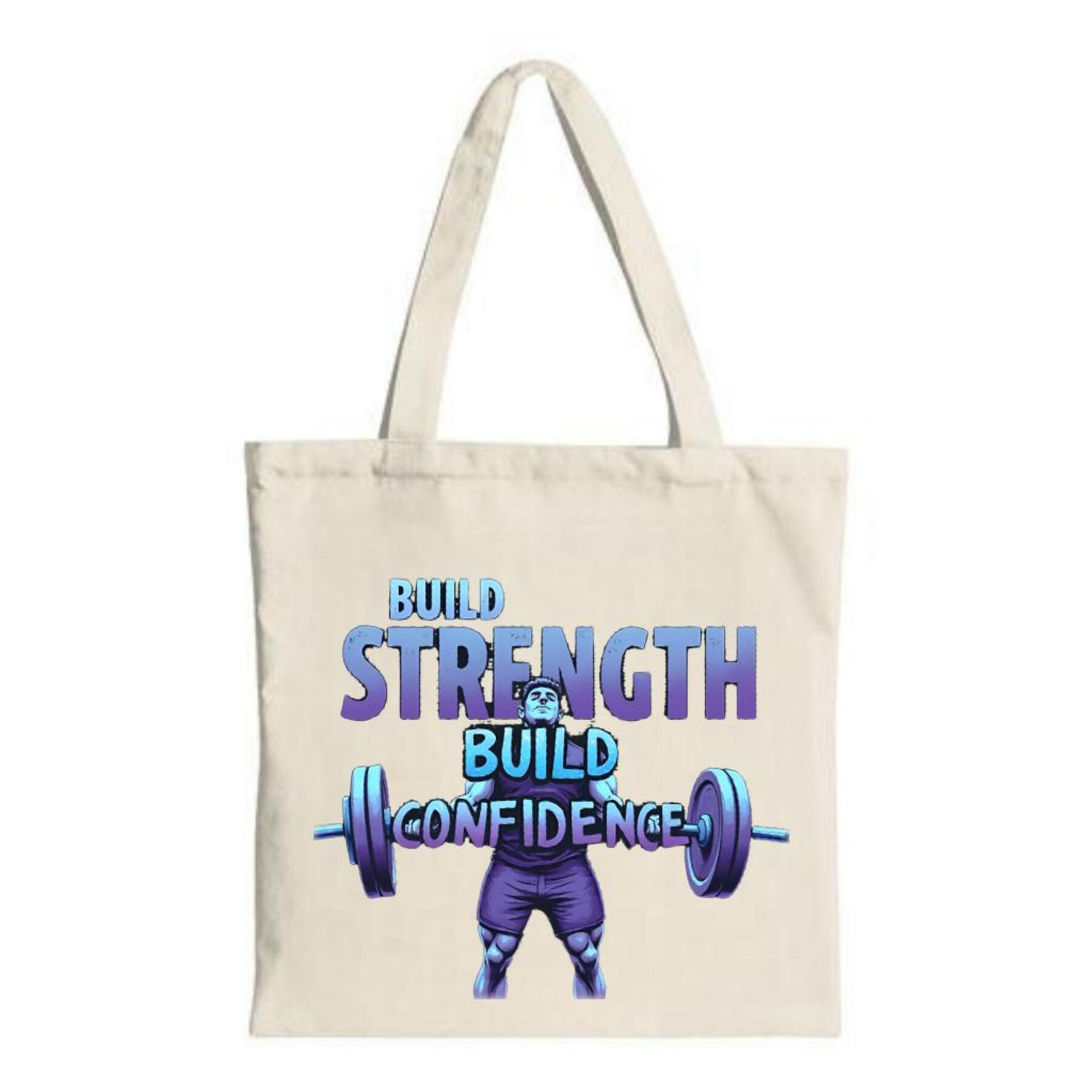 Motivational Tote Bag - Cartoon Character Lifting Weights with " BUILD ...