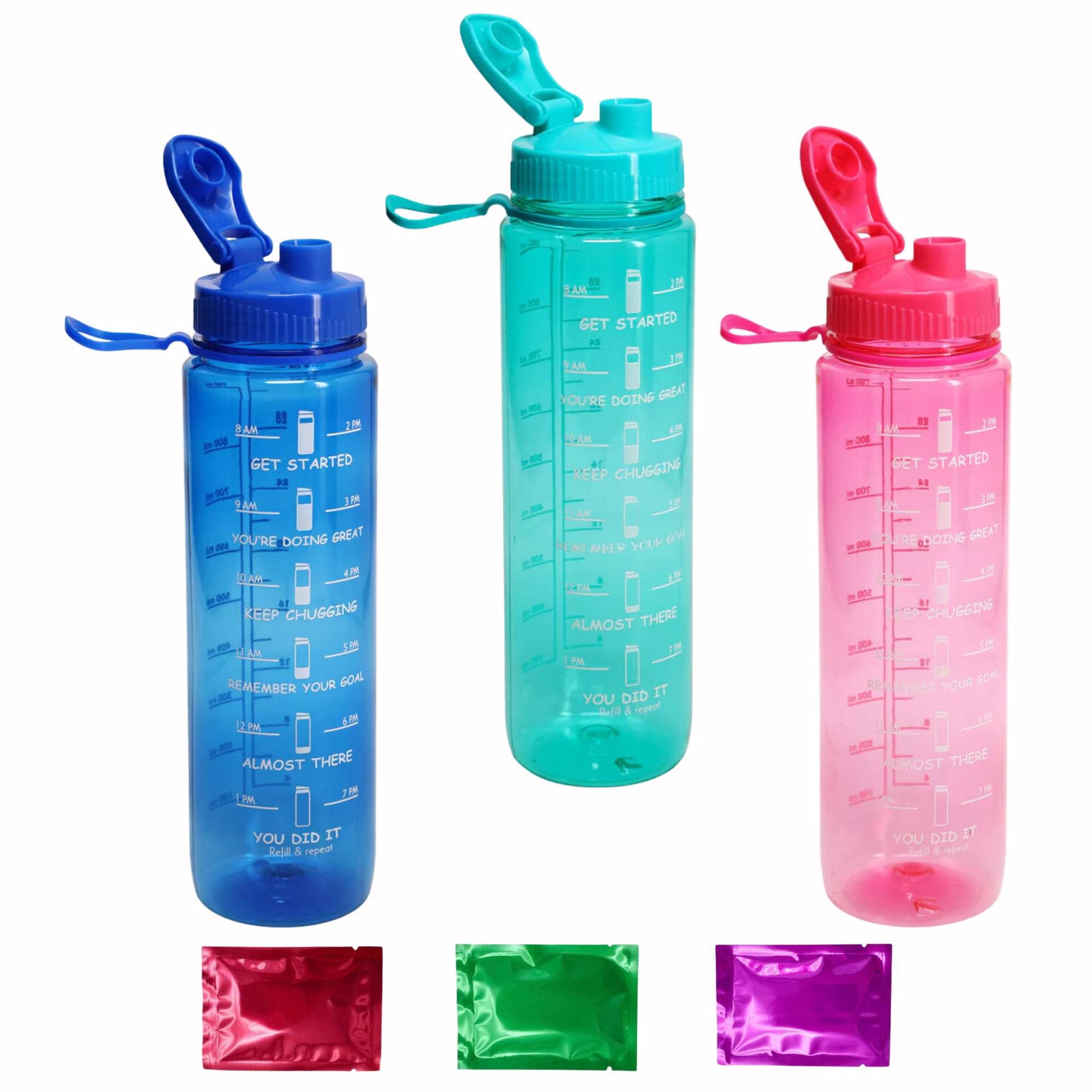 Motivational Water Bottle 34 oz with Time Marker Snap Cap & Strap Set ...