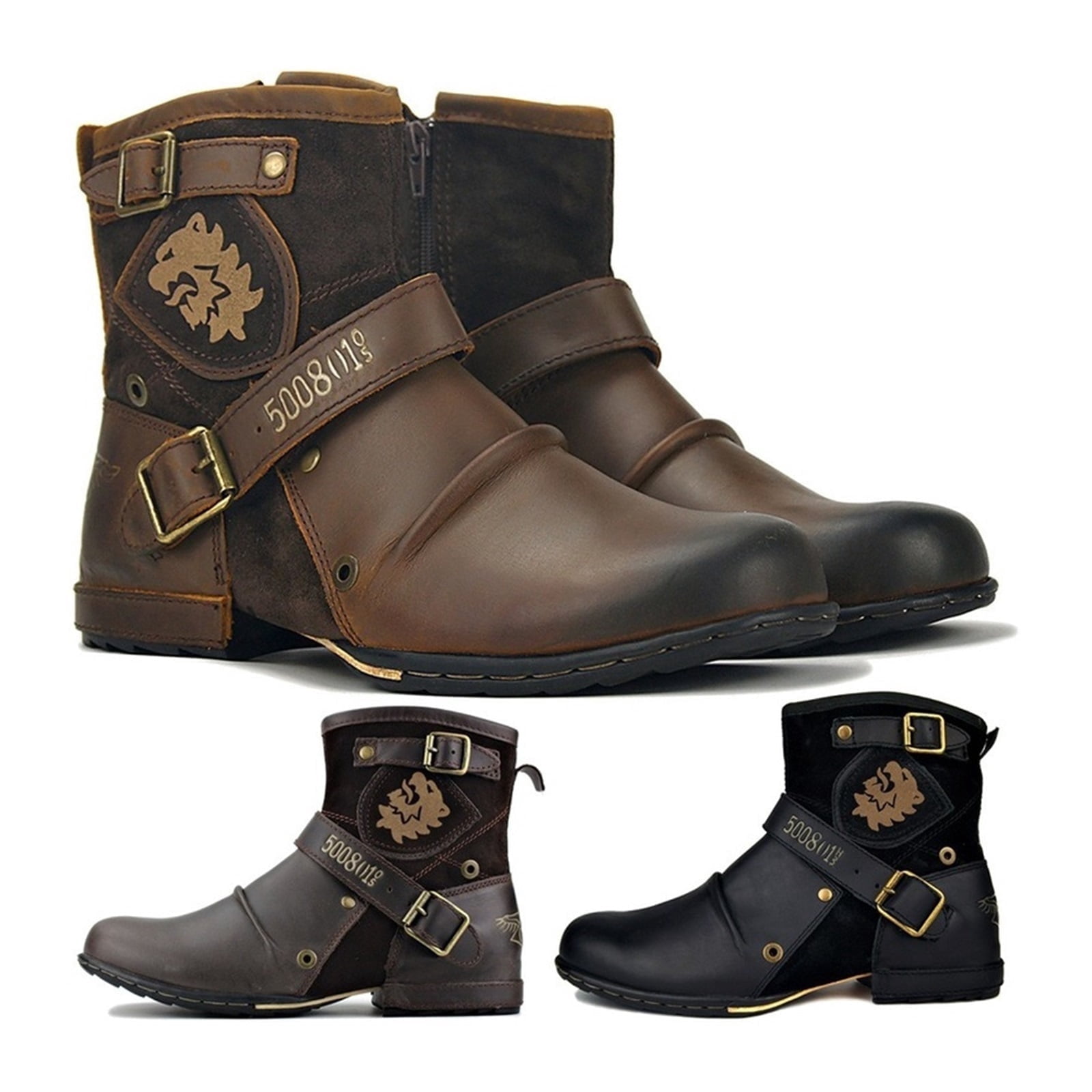 Moto Boots for Men Ankle Motorcycle Boots Fashion Zipper-up Leather ...