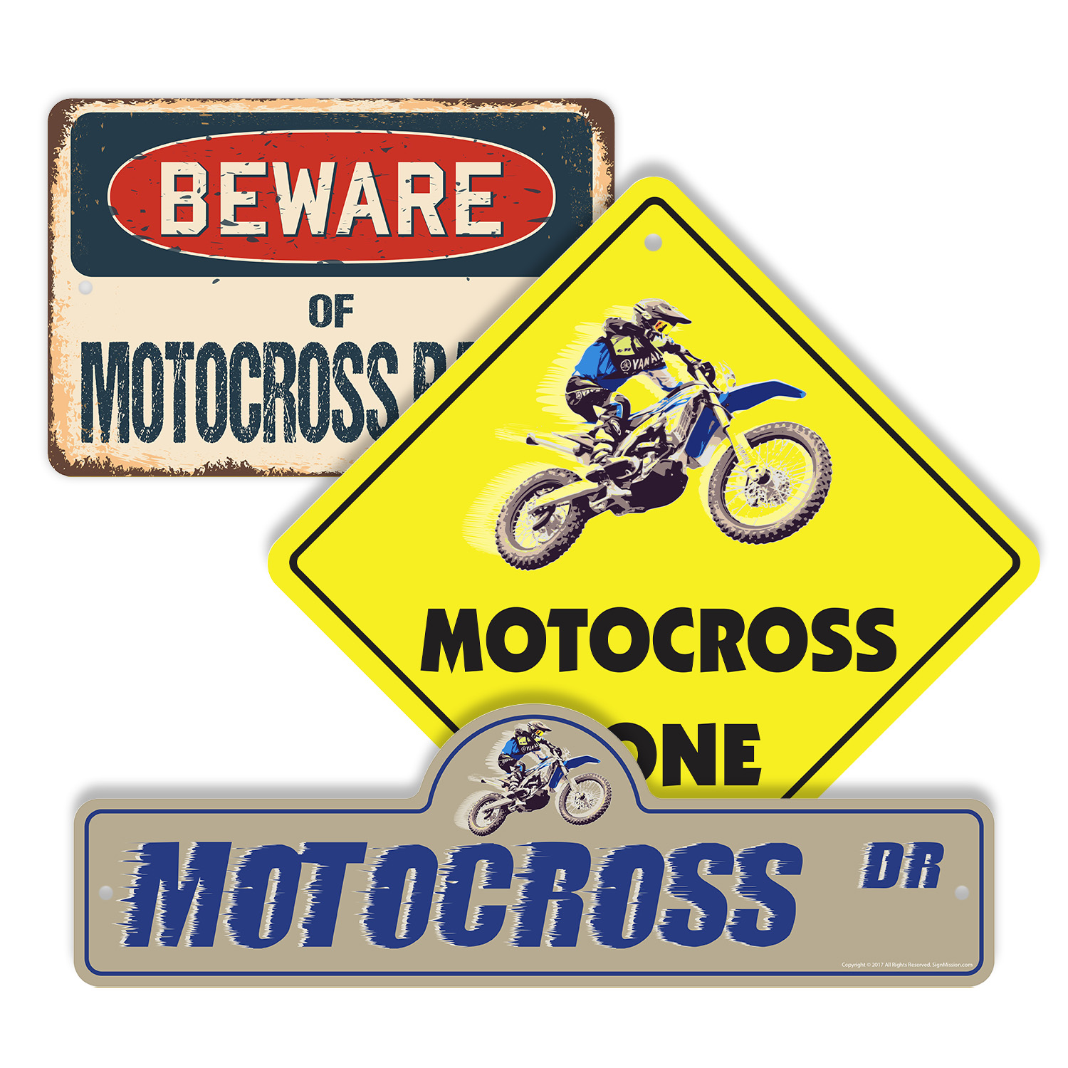 Motocross (3 Pack) Plastic Street Sign Crossing Sign Warning Sign Vintage Rustic Beware Warning ...