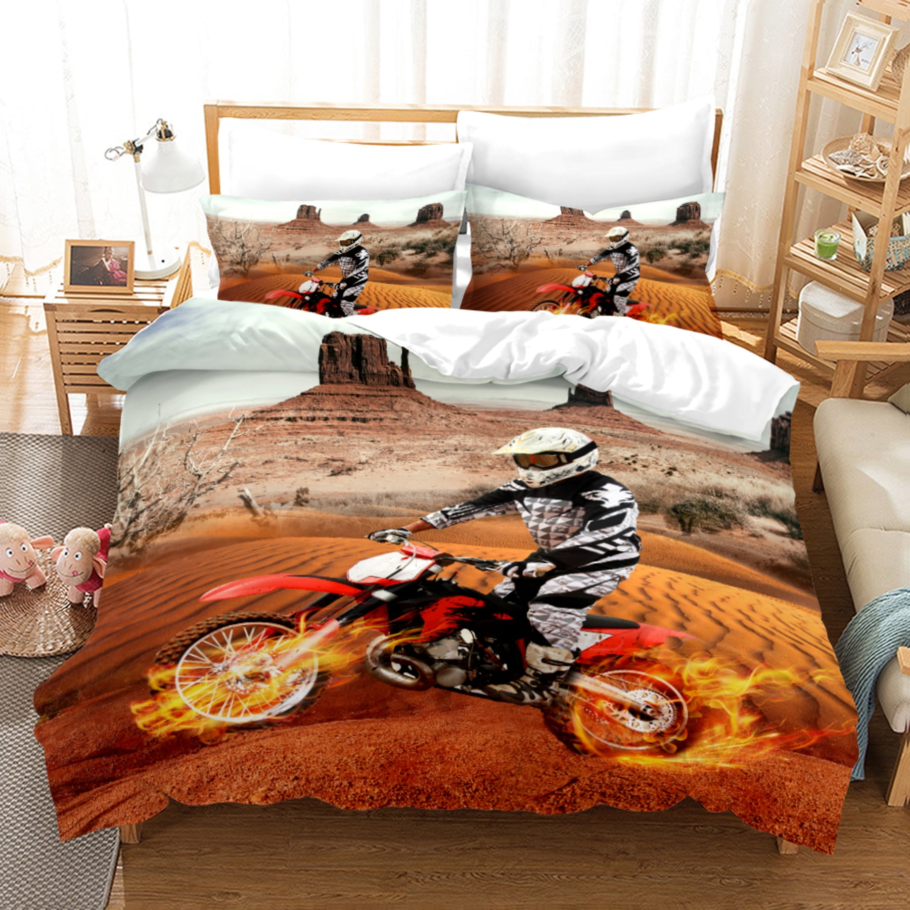 Motocross Adventure Bedding Set Bold Design with Rider in Fiery Desert ...