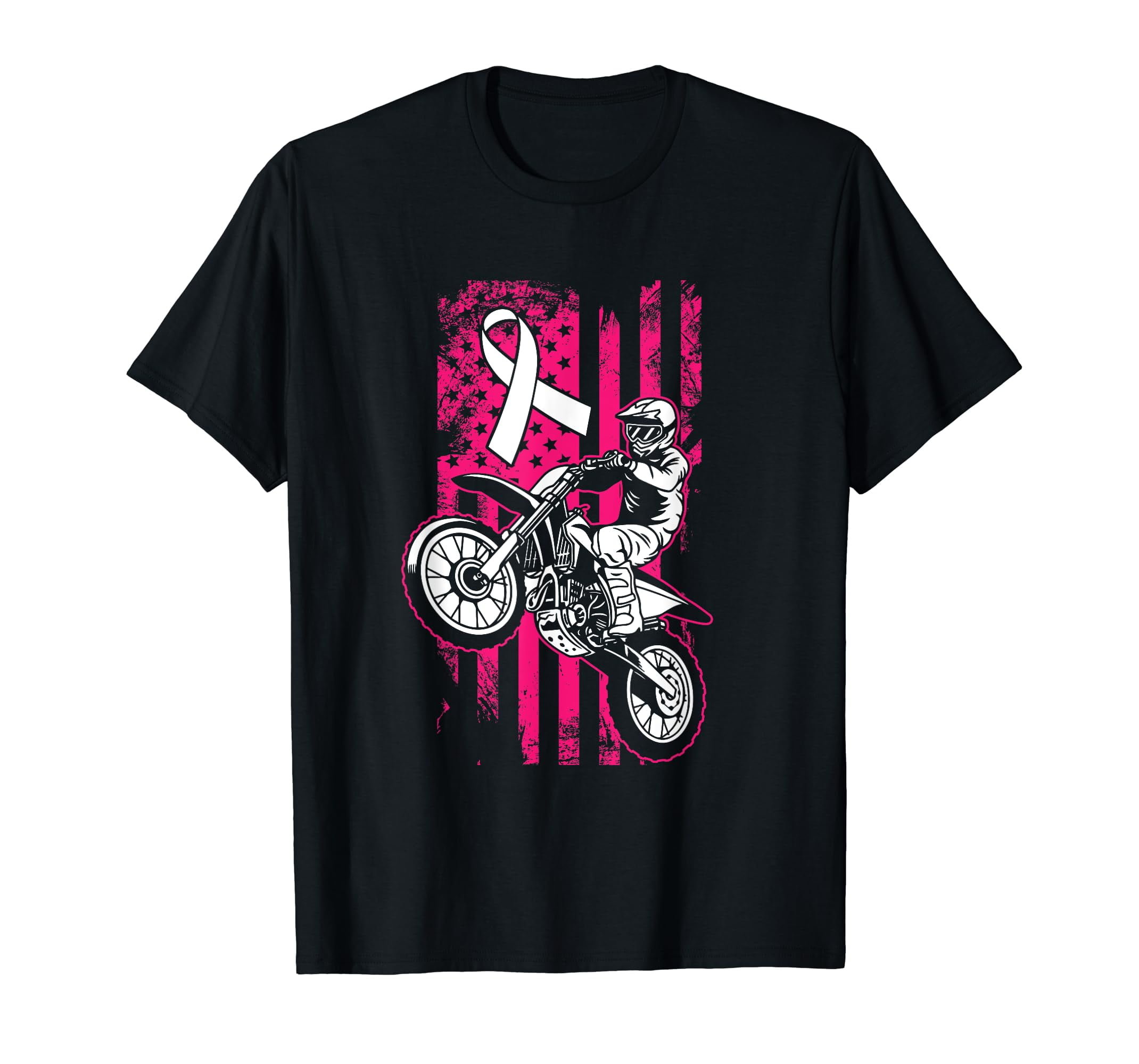 Motocross American Flag Breast Cancer Awareness Pink Ribbon T-Shirt ...