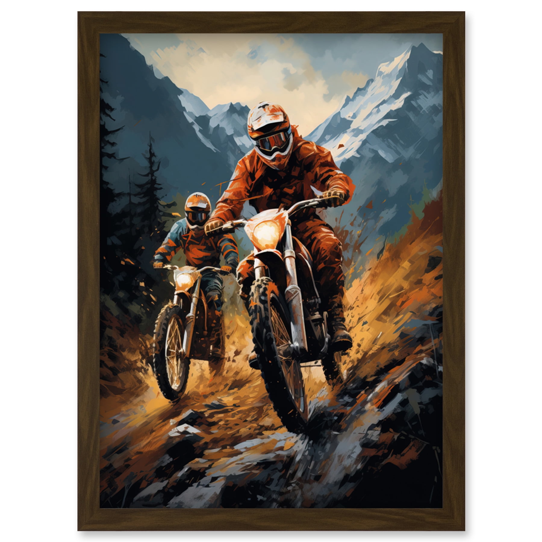 Motocross Bikers Racing Action Shot Oil Painting Stone Blue Orange ...