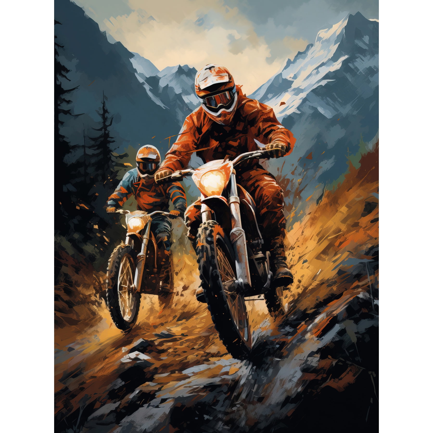 Motocross Bikers Racing Action Shot Oil Painting Stone Blue Orange ...