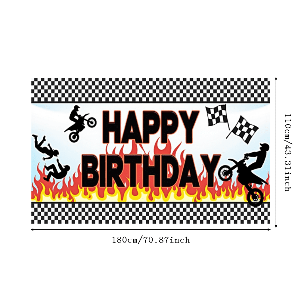 Motocross Design Happy Birthday Banner Fire Theme Checkered Pattern ...