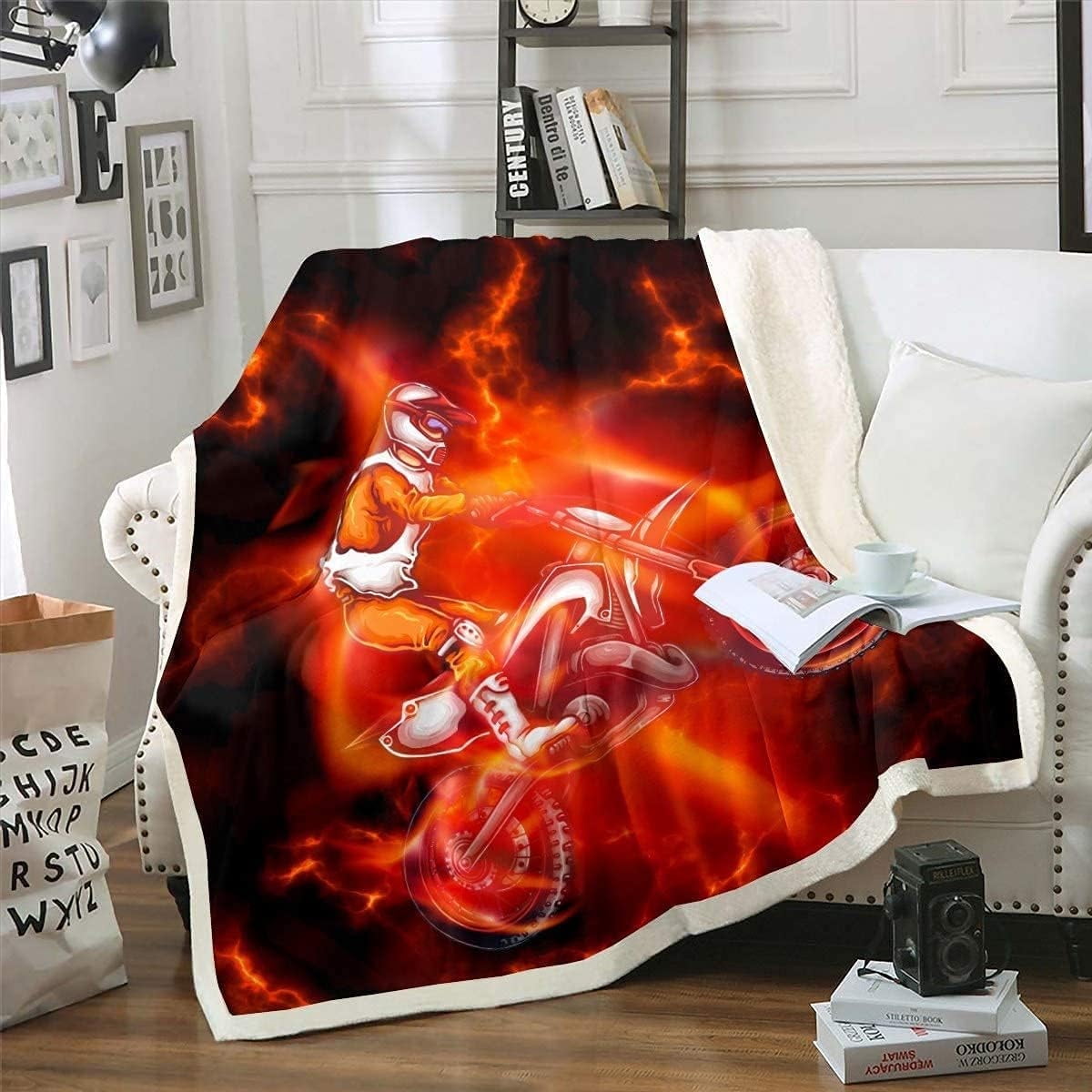 Motocross Racer Printed Sherpa Blanket Kids Boys Girls Extreme Sports ...