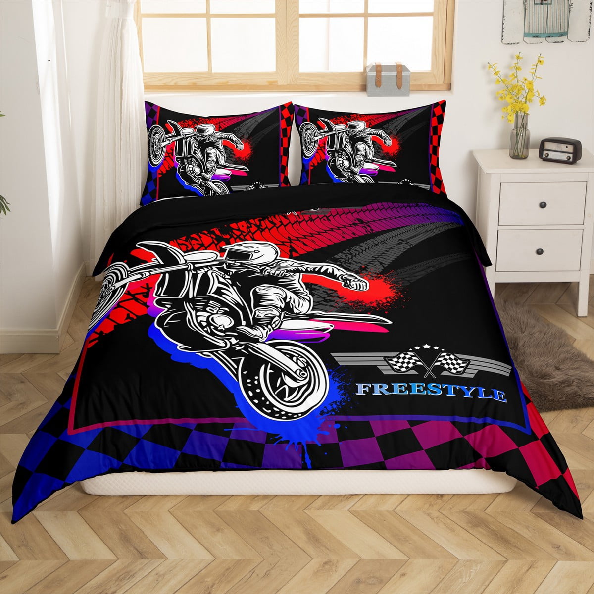 Motocross Rider Comforter Cover Extreme Sports Dirt Bike Bedding Set ...