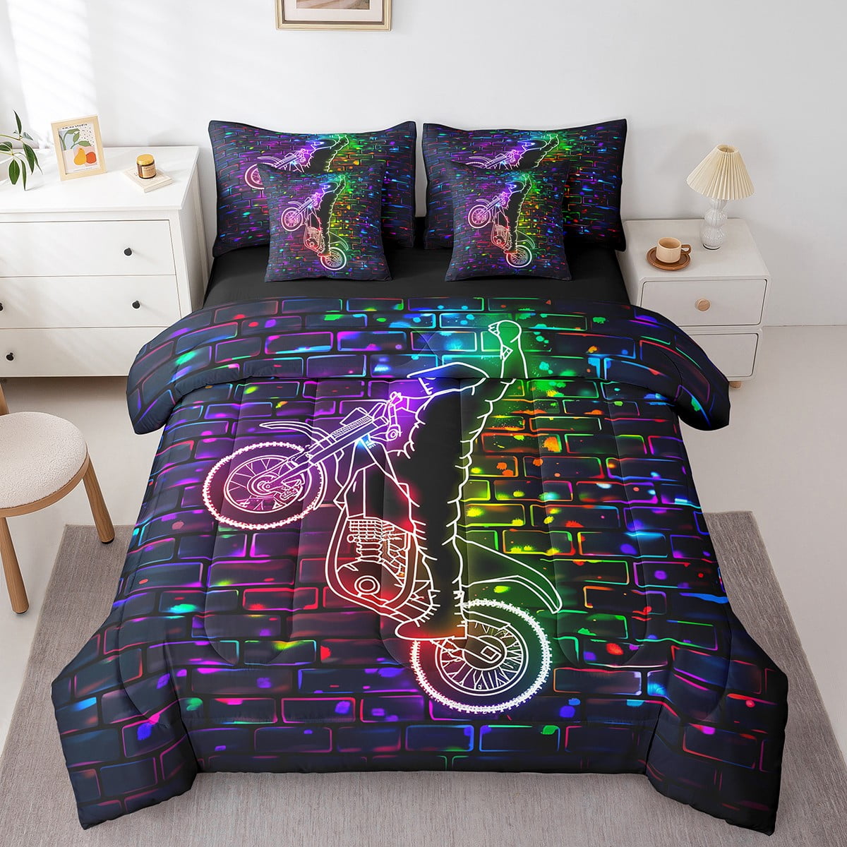 Motocross Rider Comforter Set 7 Piece Bed in a Bag Twin,Vehicles Dirt ...