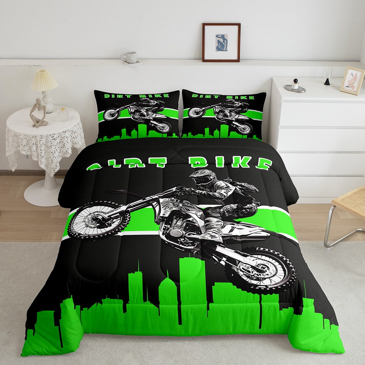 Motocross Rider Comforter Twin Black Green Bedding Set, Modern City Stripe Down Comforter Dirt ...