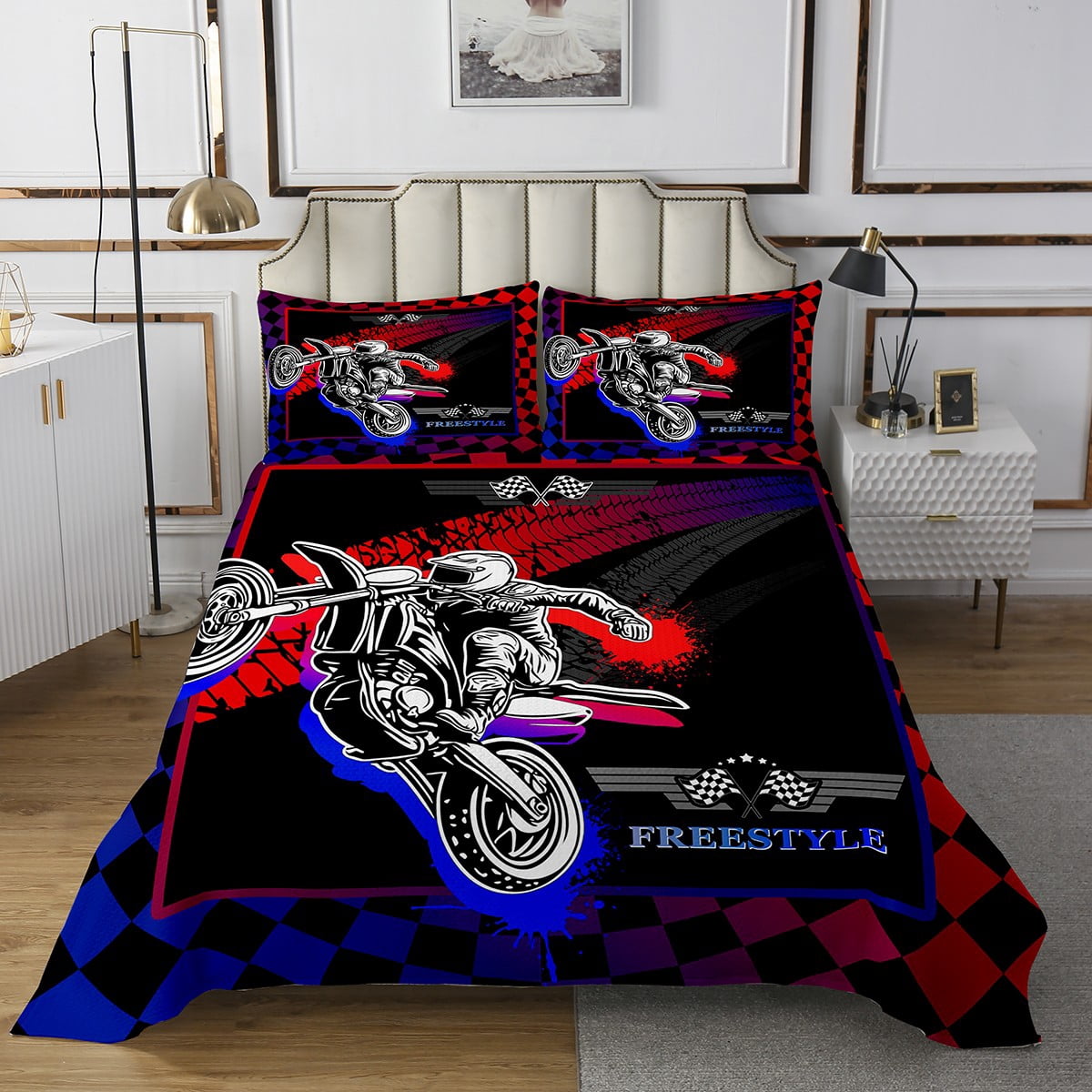 Motocross Rider Twin Bedspread Set Extreme Sports Dirt Bike Quilt Set ...
