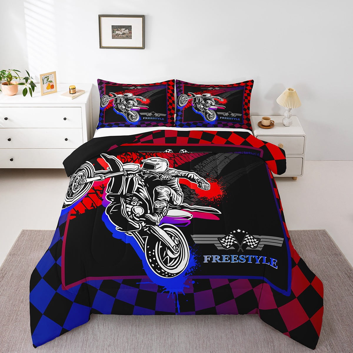 Motocross Rider Twin Comforter Set Extreme Sports Dirt Bike Bedding Set ...