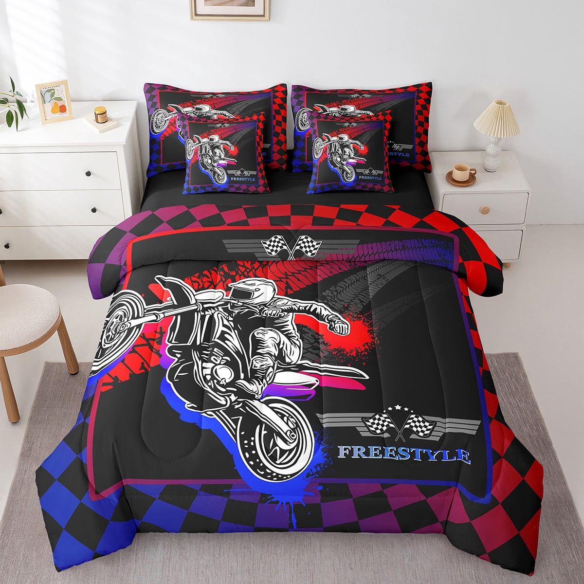 Motocross Rider Twin Comforter Set For Boys 7 Piece Extreme Sports Dirt ...
