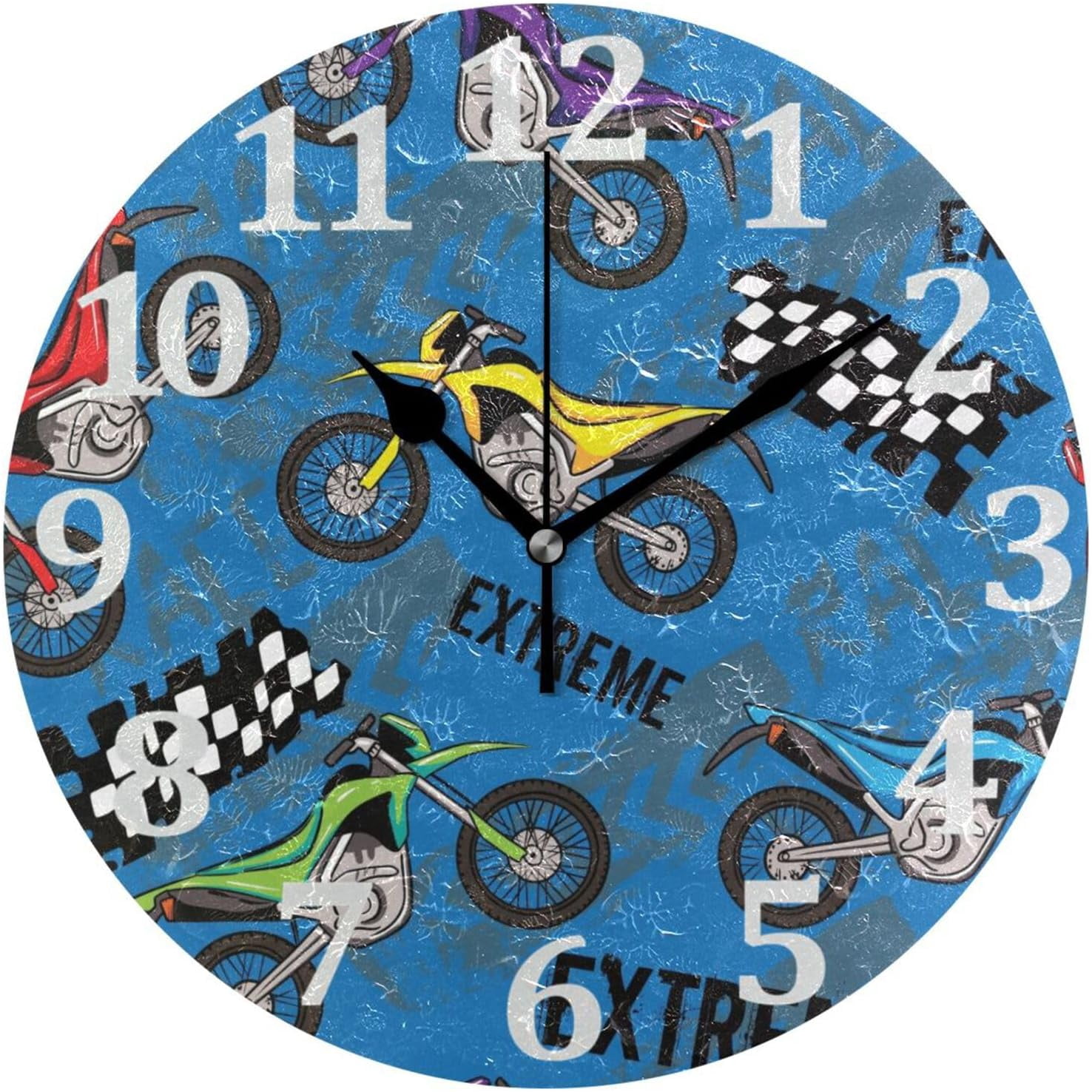 Motocross Riding Wall Clock Round Vintage Silent Non Ticking Battery ...