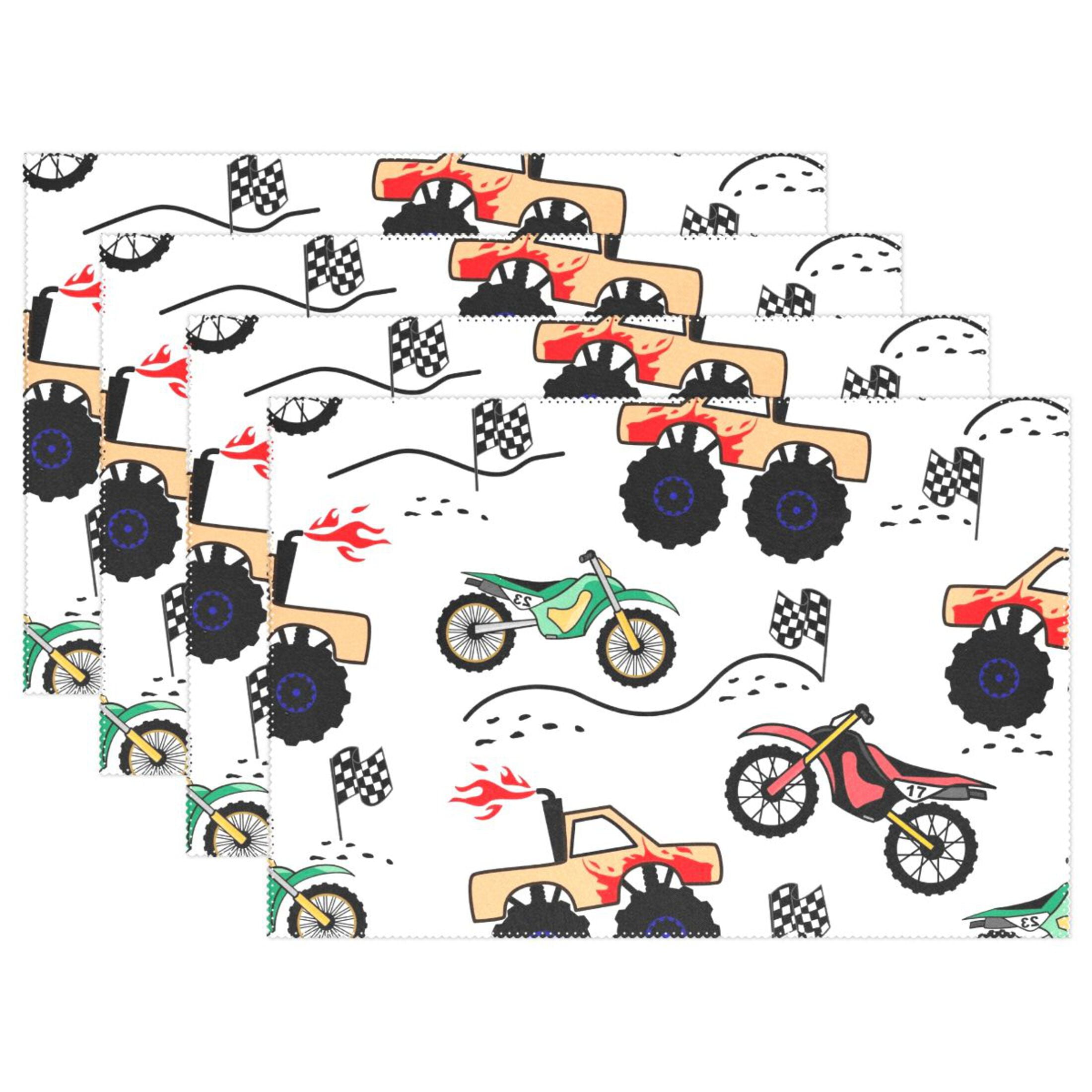 Motocross and Car Cartoon on White Placemats Set of 4 Dining Table Mat ...