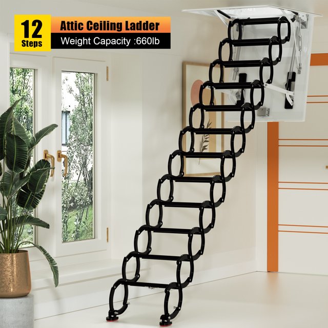 Motor Genic 12 Steps Black Loft Wall Folding Pulldown Attic Ceiling ...