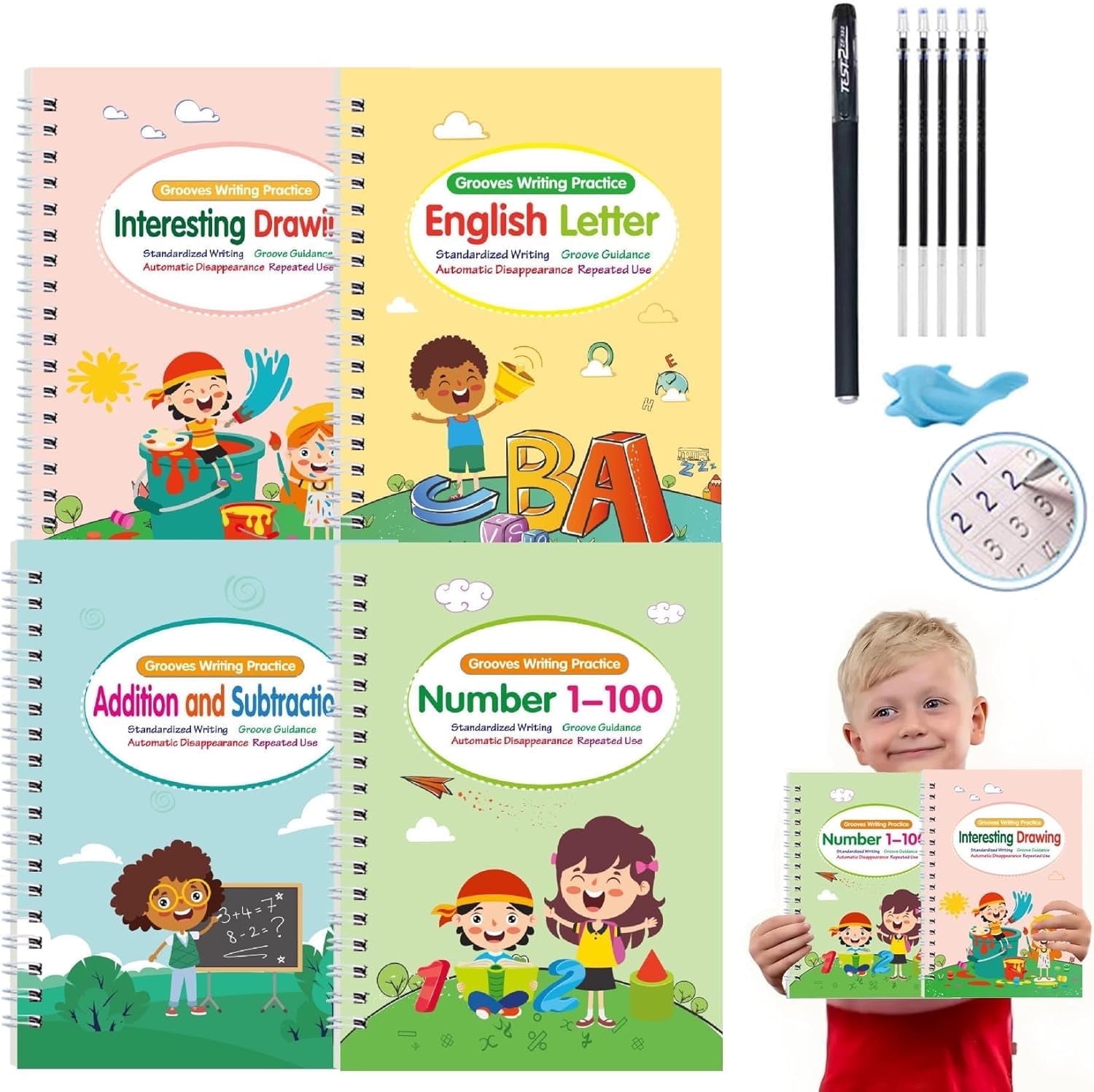 Motor Magic WorkBooks Full Set 4 Books/5 Replacement Refills+1 Pen+1 Pencil Grip,Magic Grooved ...