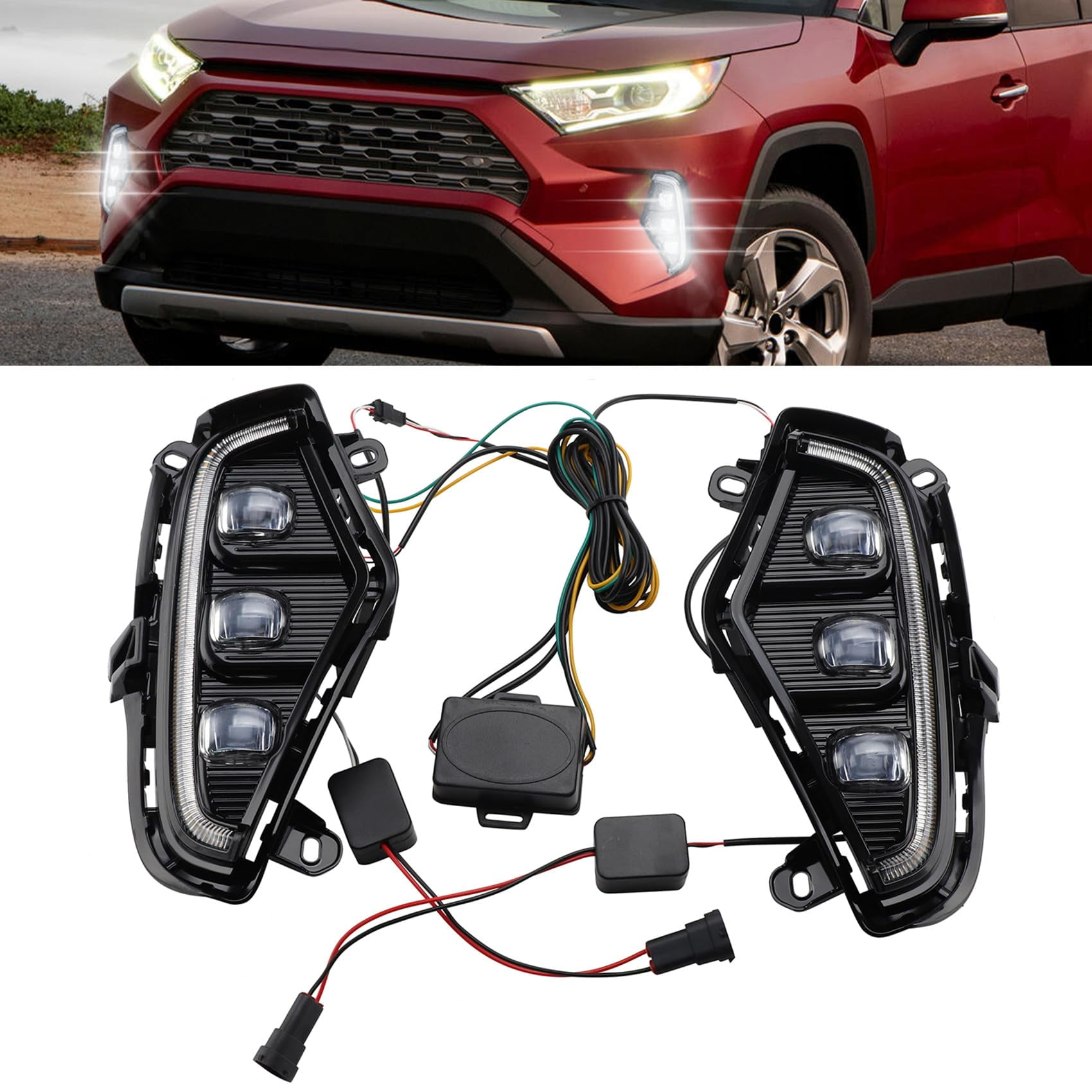 MotorFansClub LED Daytime Running Lights Lamps 3 Eyes DRL Fog Lamps Amber Turn Signal light Fit ...