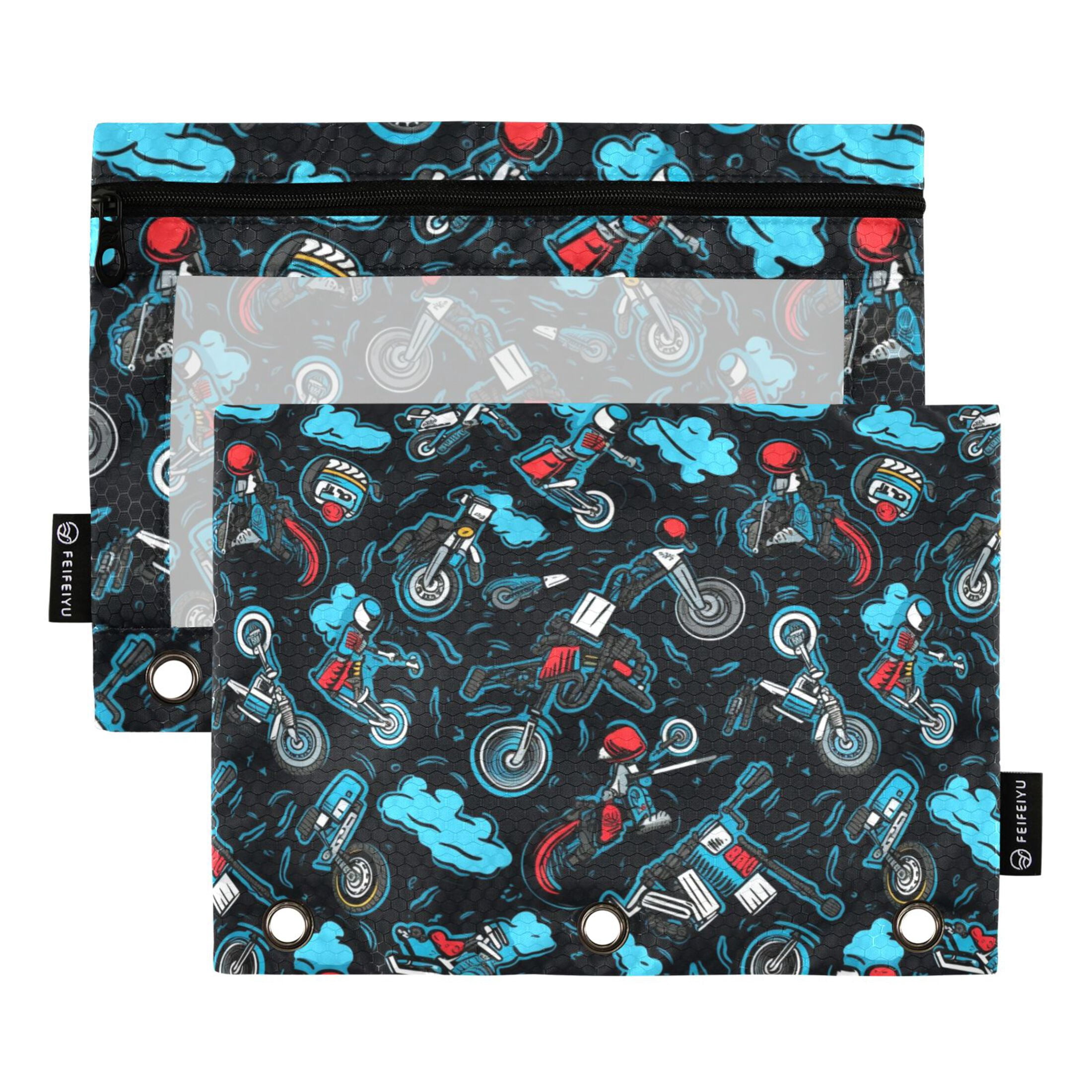 Motorbike and Biker 2 Pack Pencil Pouch for 3 Ring Binder Smooth Zipper ...