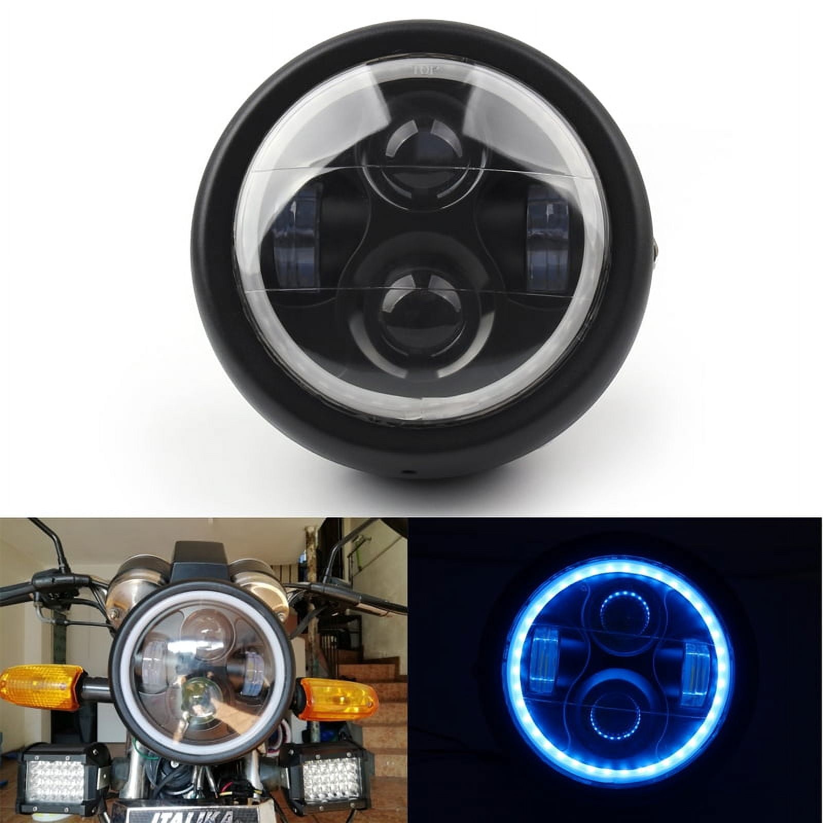 Motorcycle 6.5" Projector LED Headlight w/Blue Halo Ring For Cafe Racer ...