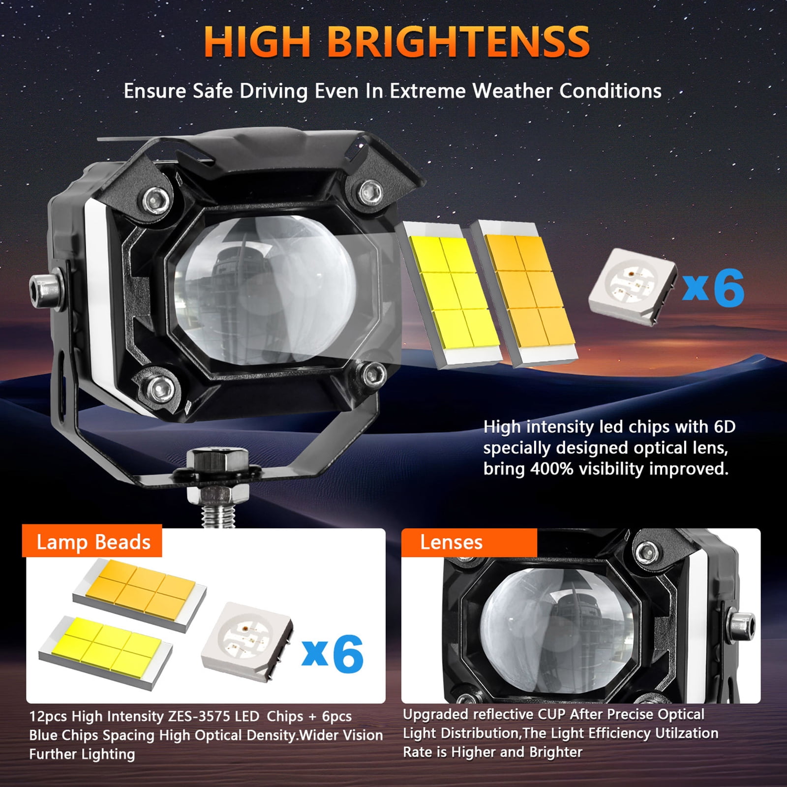 Motorcycle Auxiliary Lights,Mount Kit Utv Suv 6000lm 6 Modes Waterproof ...