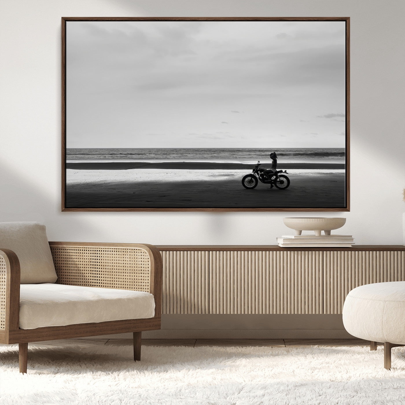 Motorcycle Beach Wall Art Canvas Print – Framed Vintage Motorcycle Scene with Biker Silhouette ...