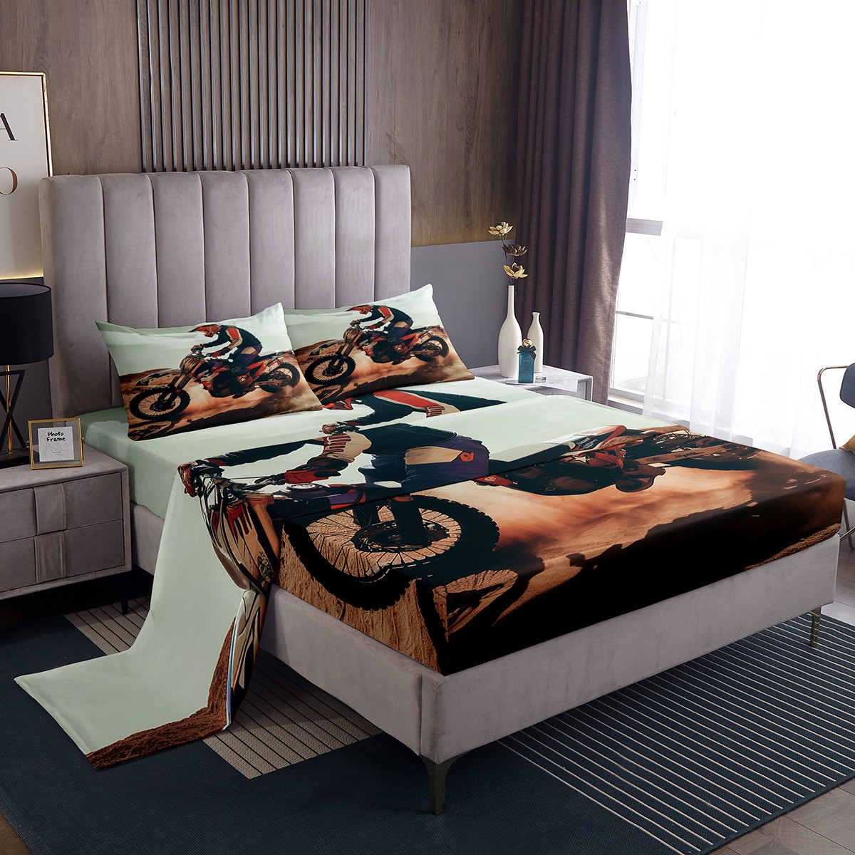 Motorcycle Bed Sheets Set Queen Size,Watercolor Dirt Bike Sheet Set for ...