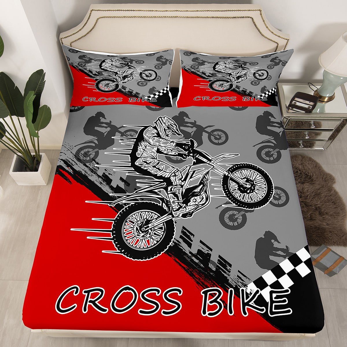Motorcycle Bedding Set Full Dirt Bike Fitted Sheet Extreme Speed Cool ...
