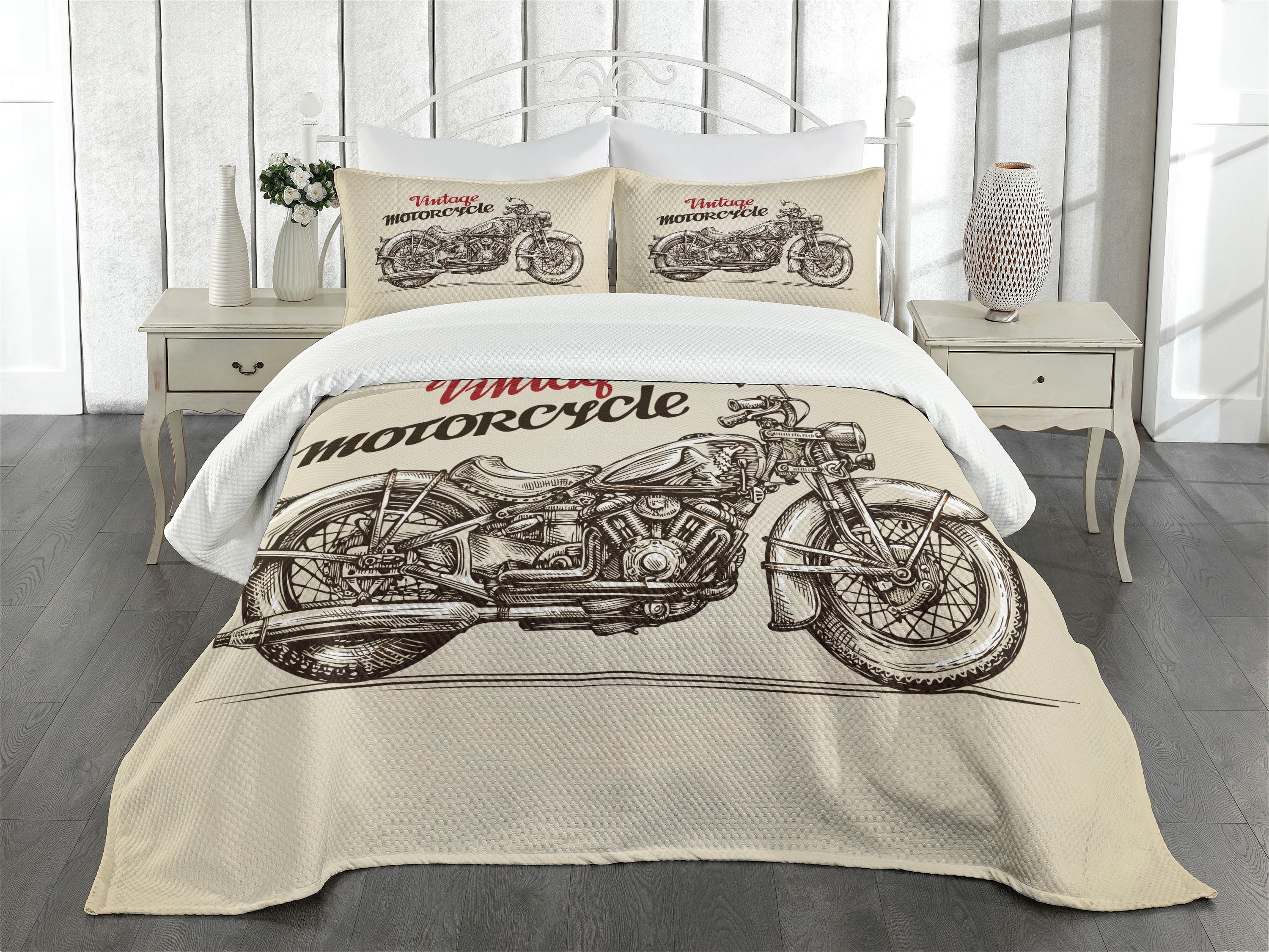 Motorcycle Bedspread, Hand Drawn Chopper Style Bike with Sketch Details ...