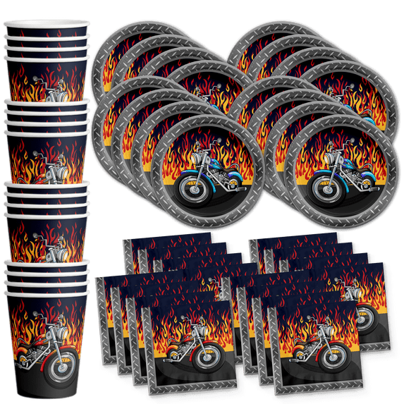 Motorcycle Biker Birthday Party Supplies Set, 16 Guest Tableware Kit ...