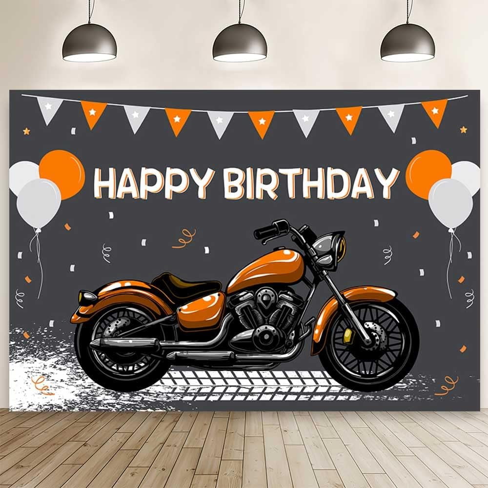 Motorcycle Birthday Backdrop Orange Motocross Racing Balloon Happy ...