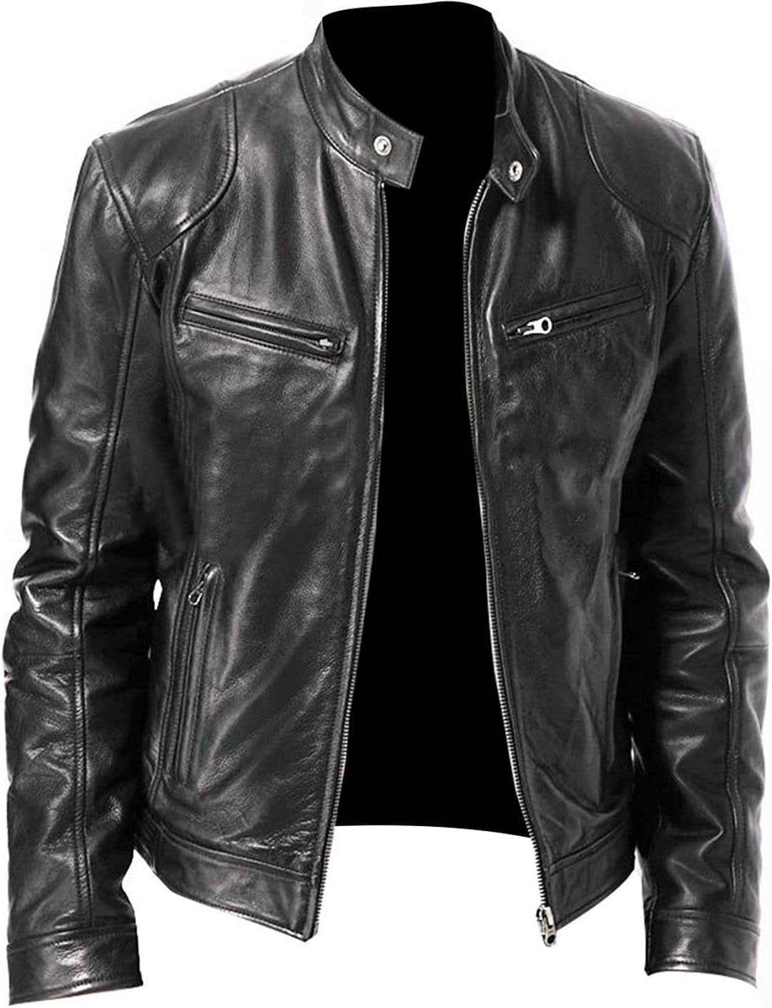 Motorcycle Black Leather Jacket Men - Vintage Biker Cafe Racer Real ...