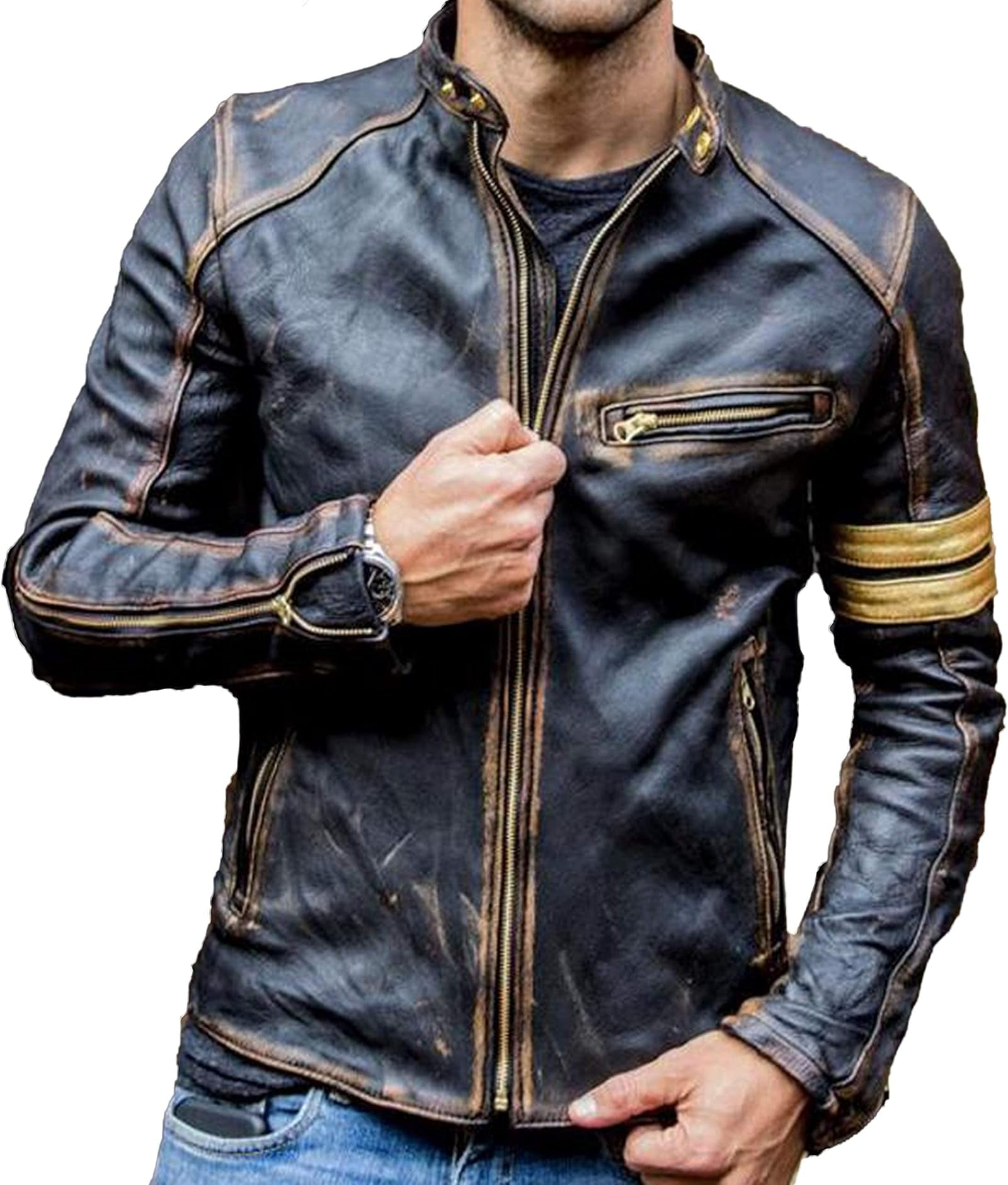 Motorcycle Black Leather Jacket Men - Vintage Biker Cafe Racer Real ...