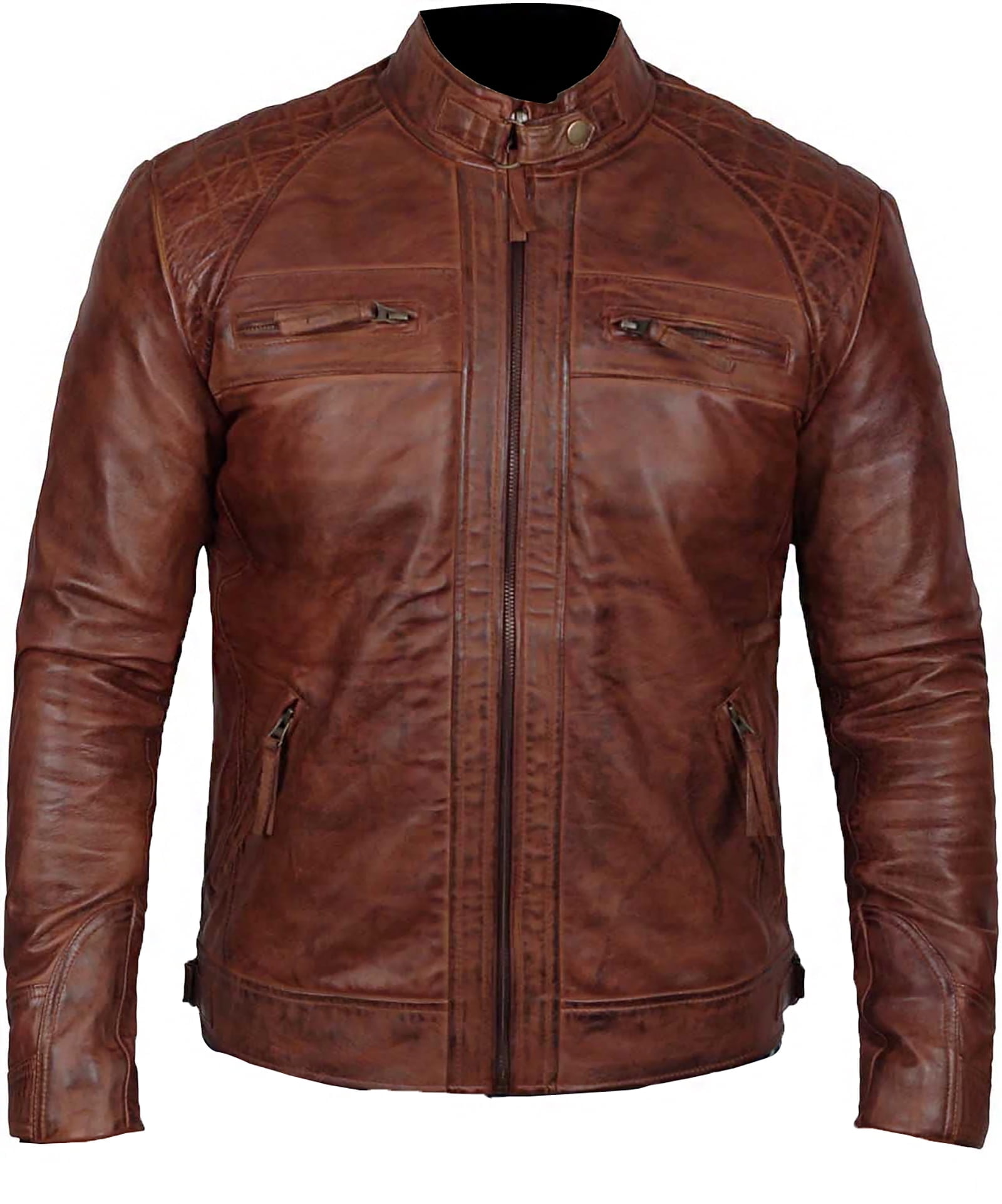 Motorcycle Black Leather Jacket Men - Vintage Biker Cafe Racer Real ...