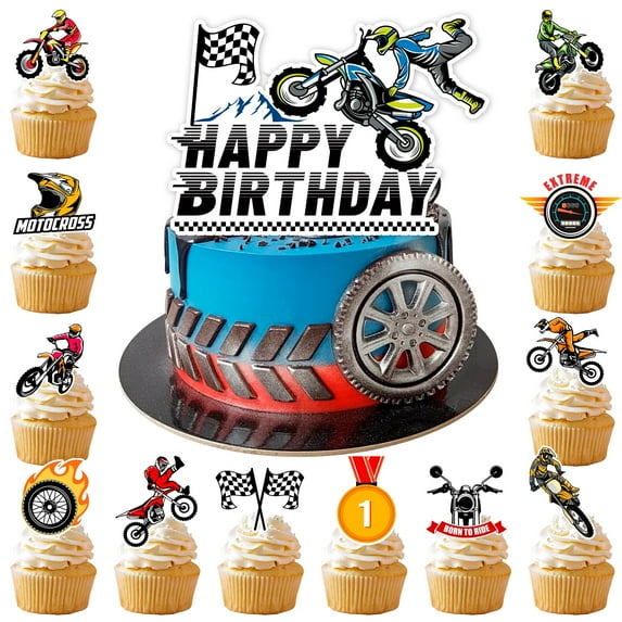 Motorcycle Cake Topper, 24 Pcs Motorcycle Cupcake Toppers/Dirtbike Cupcake Toppers + 1Pcs Dirt ...