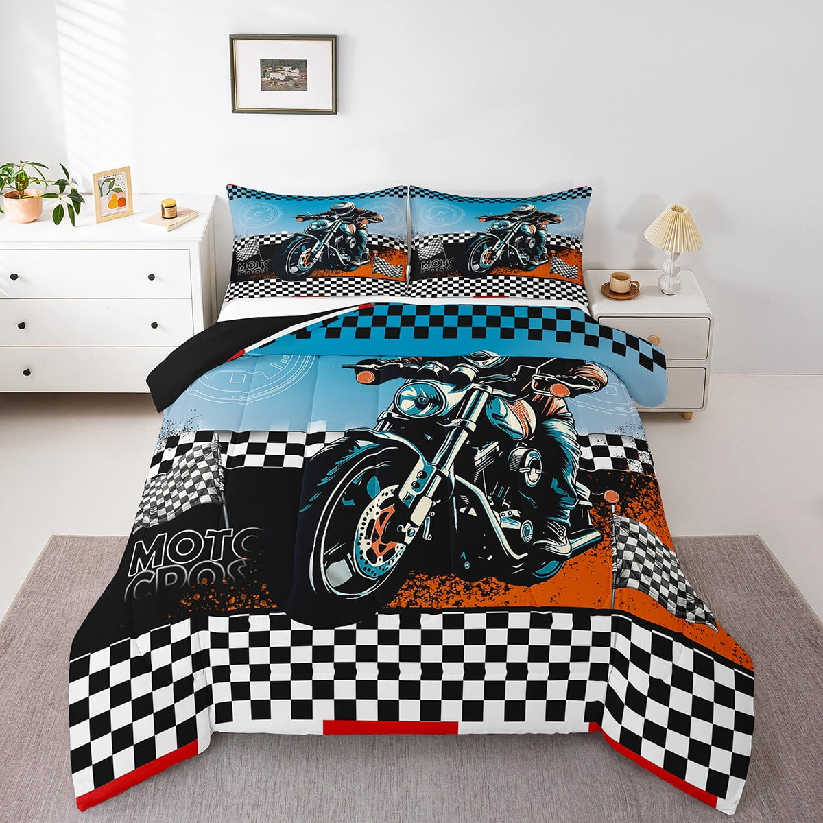 Motorcycle Comforter Set Twin Size,Dirt Bike Bedding Set Men Room Decor ...