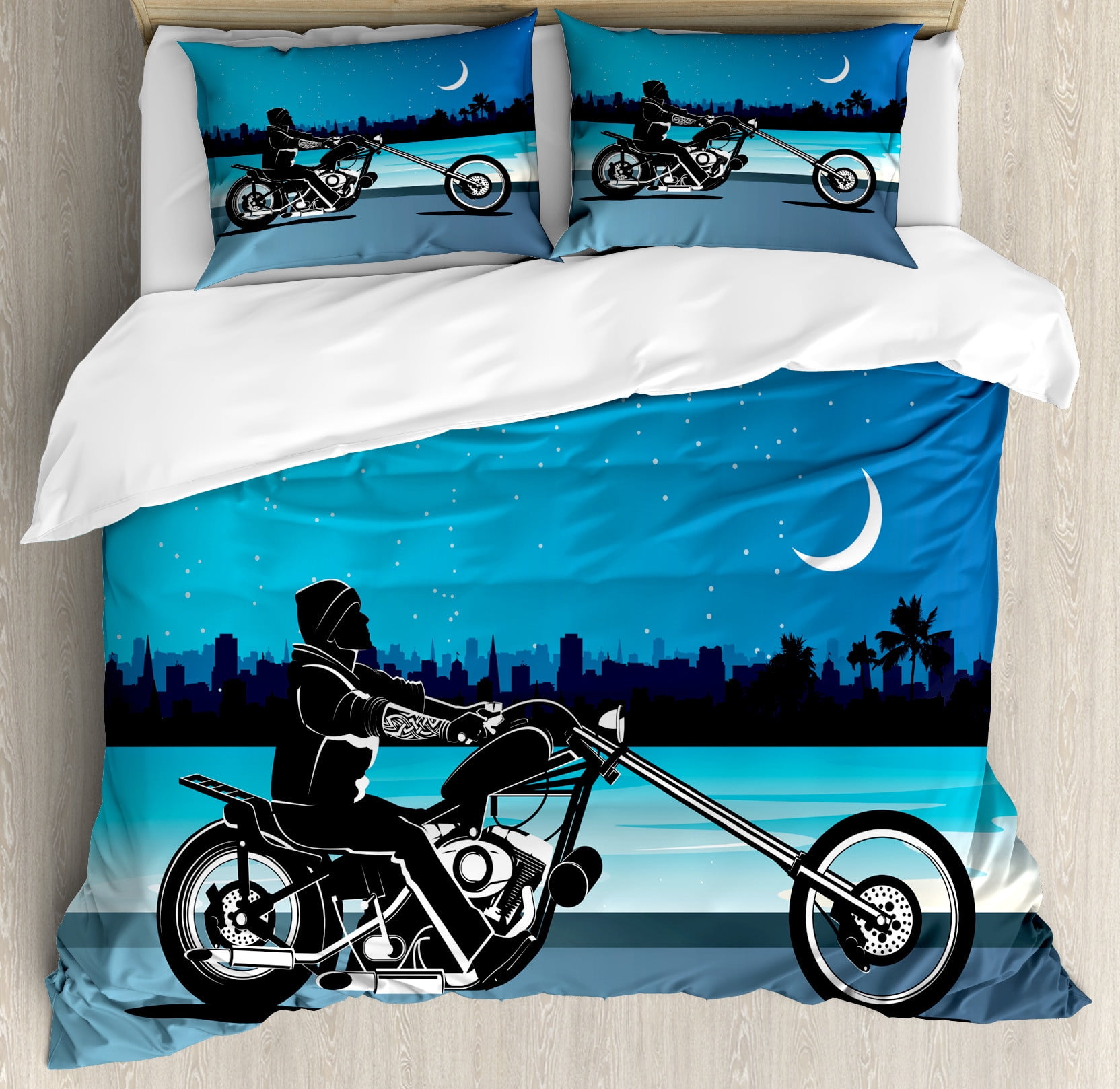 Motorcycle Duvet Cover Set, Art with Chopper Motorcycle Biker Riding ...