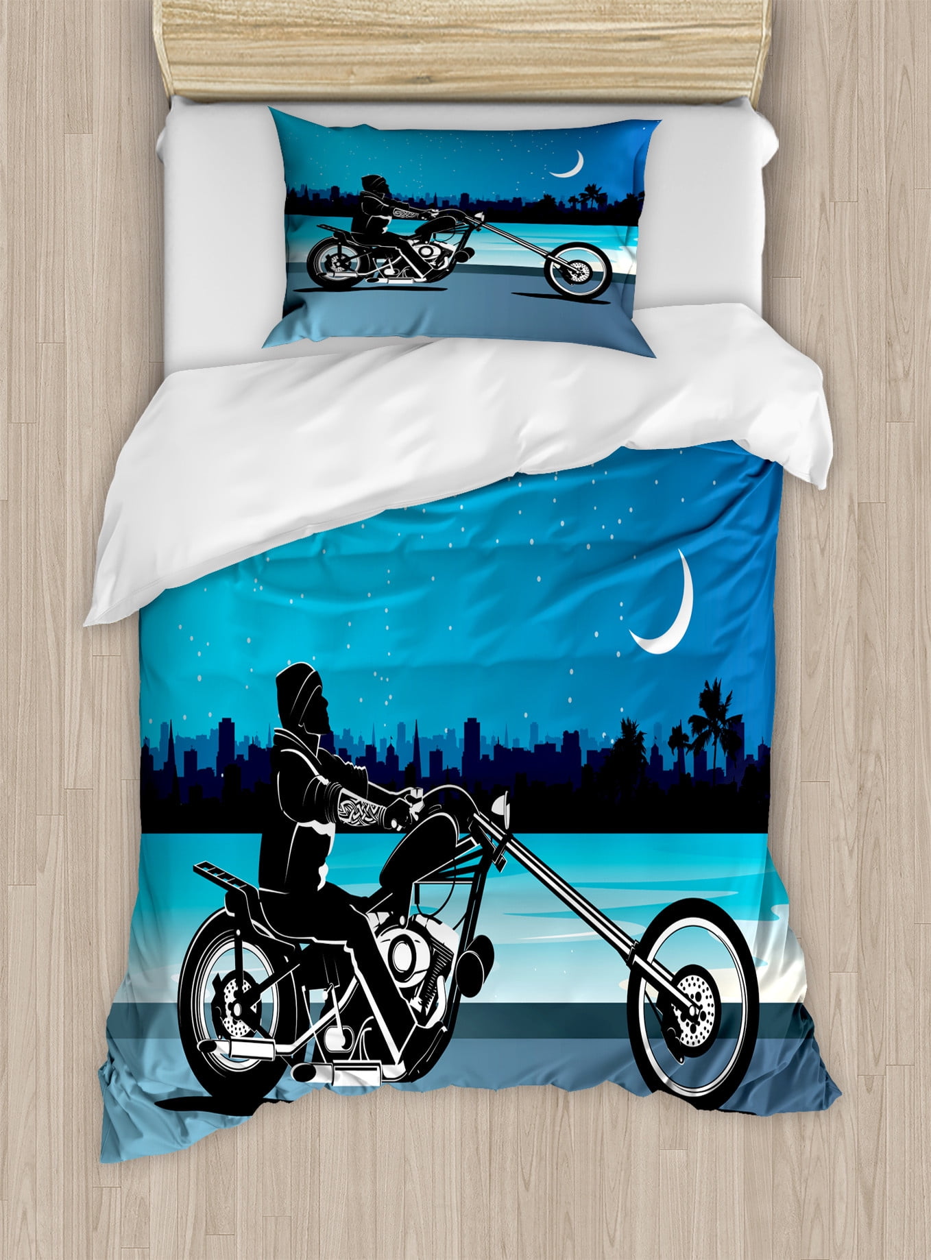 Motorcycle Duvet Cover Set, Art with Chopper Motorcycle Biker Riding ...