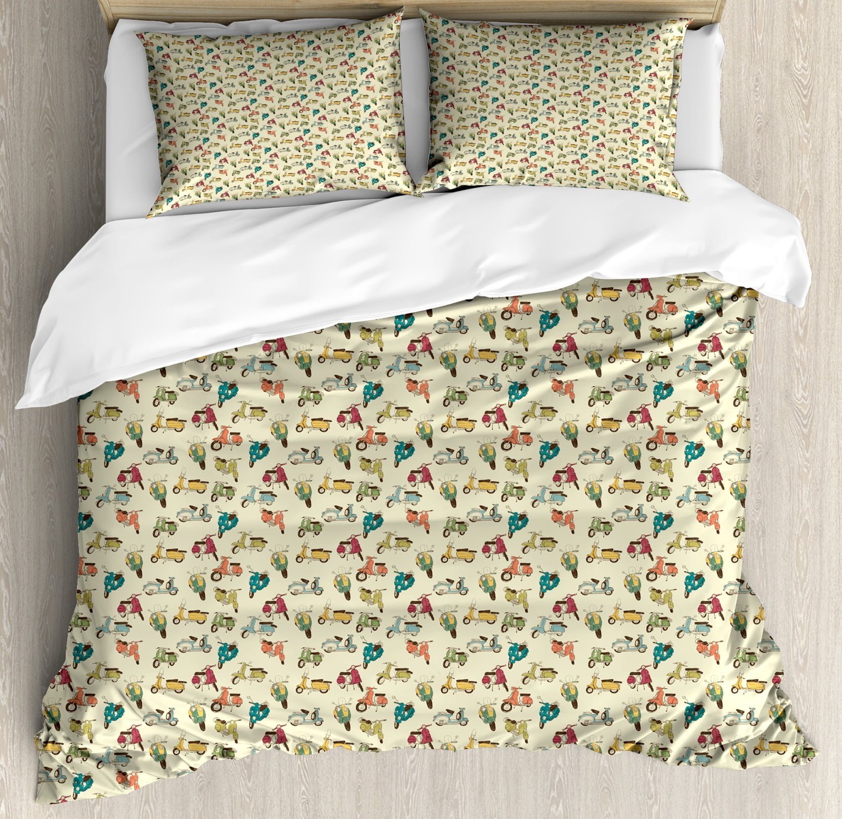 Motorcycle Duvet Cover Set, Colorful Scooter Sketches in Retro Style ...