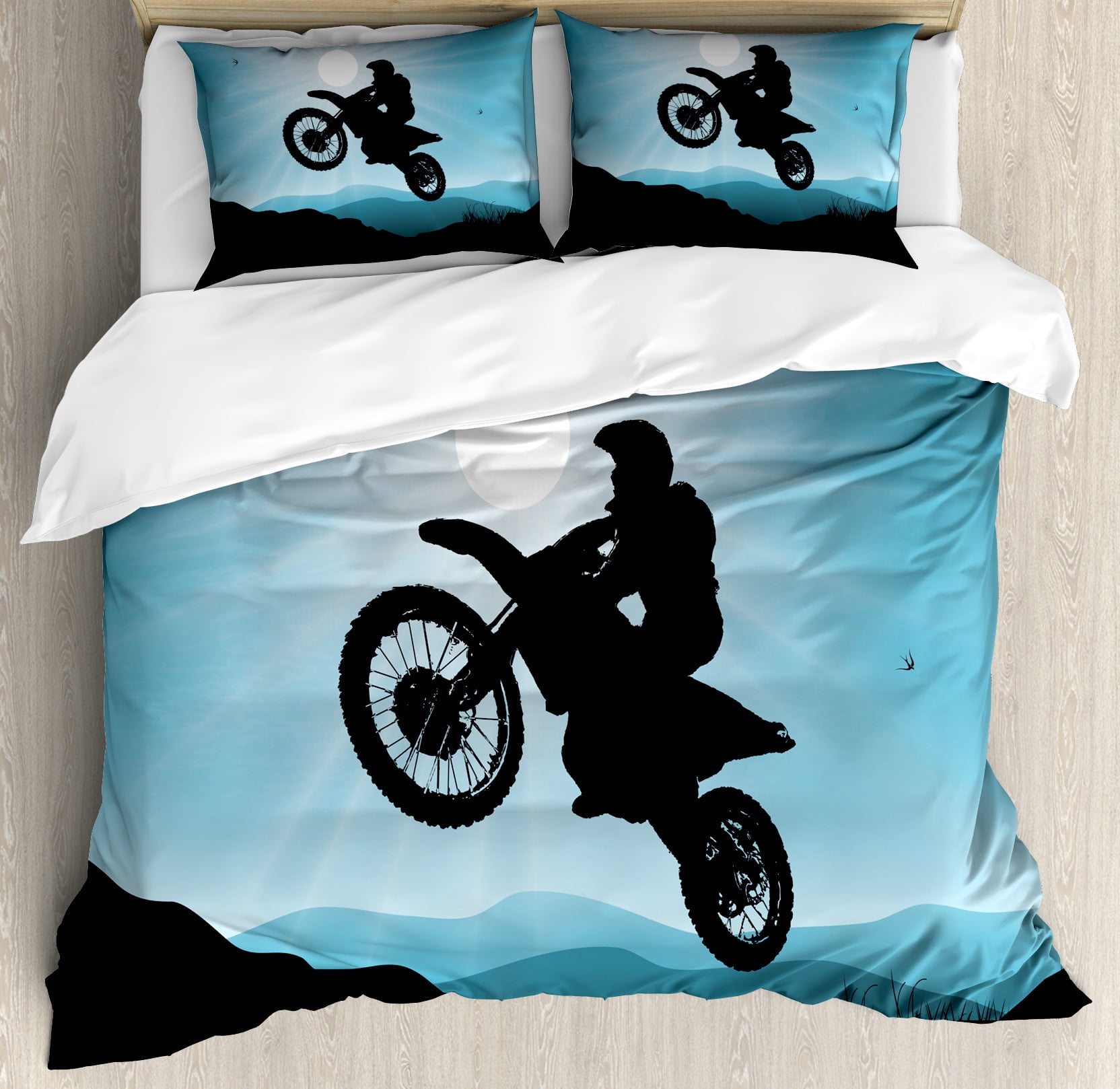 Motorcycle Duvet Cover Set, Motorsport Man Silhouette on a Mountainous ...