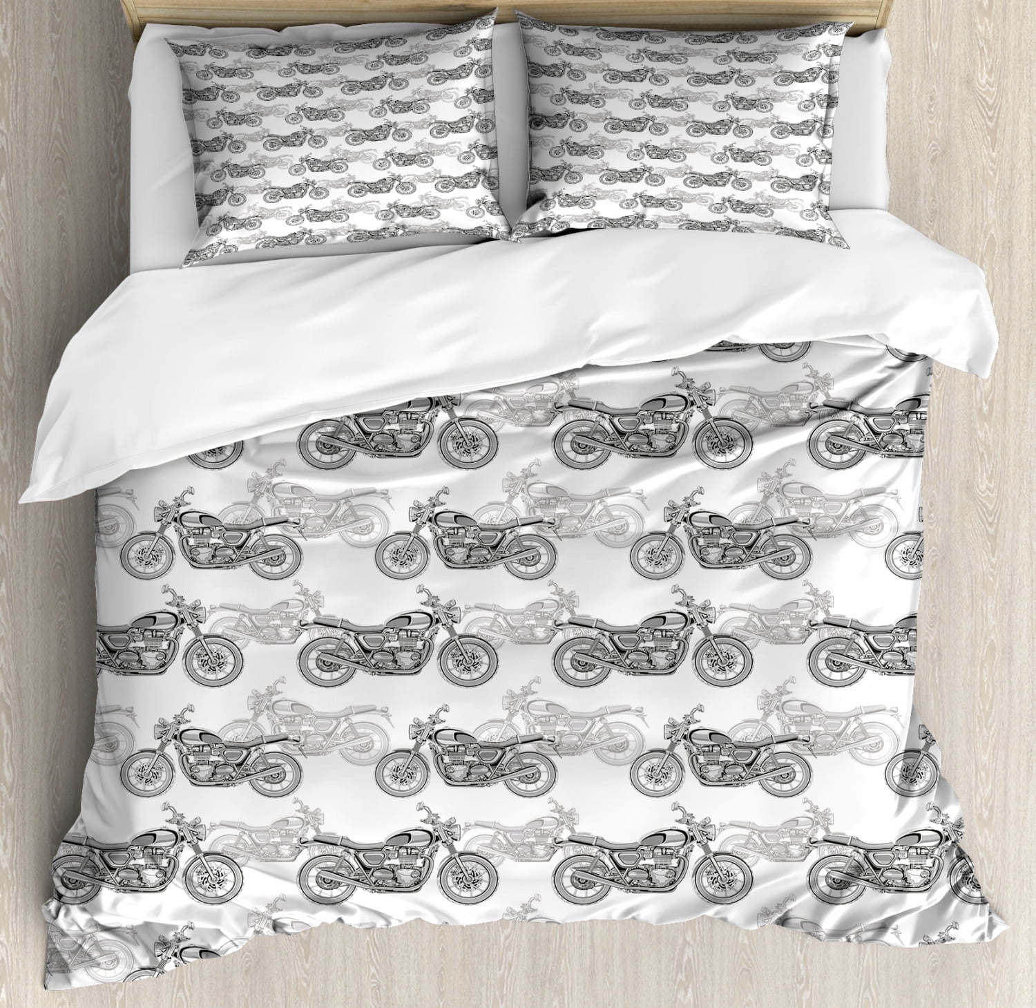 Motorcycle Duvet Cover Set Queen Size, Realistic Grayscale Illustration ...