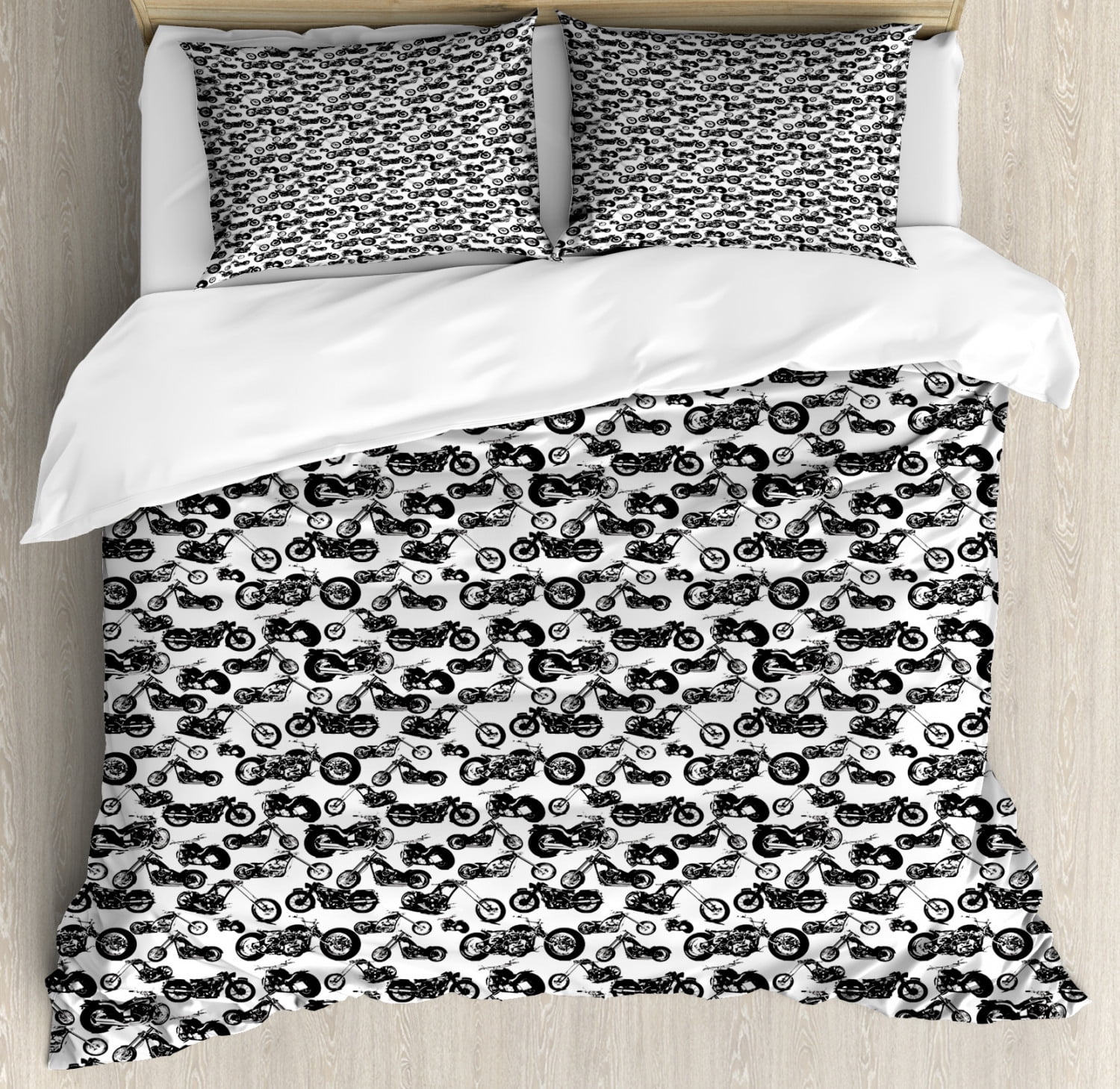 Motorcycle Duvet Cover Set Queen Size, Retro Chopper Pattern Monochrome ...