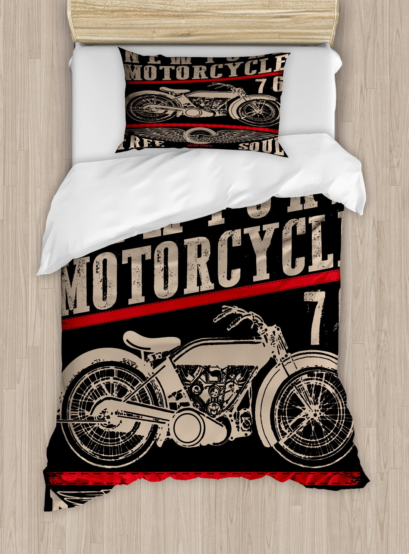 Motorcycle Duvet Cover Set, Retro Road Race New York Free Soul Poster ...