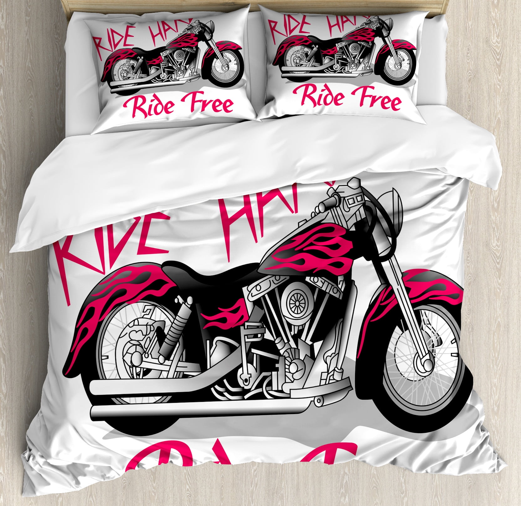 Motorcycle Duvet Cover Set, Ride Hard and Free Cool Calligraphy Vehicle ...