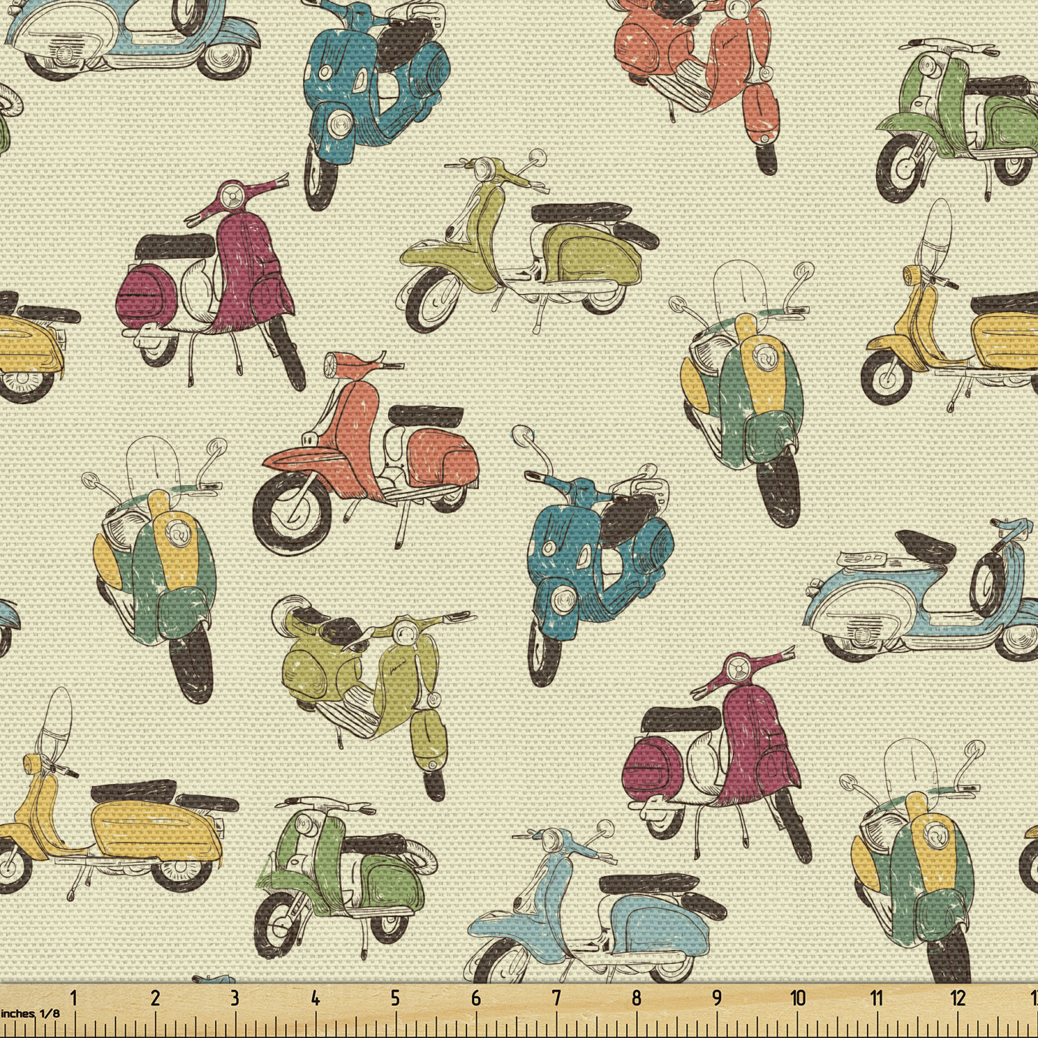 Motorcycle Fabric by The Yard, Colorful Scooter Sketches in Retro Style ...