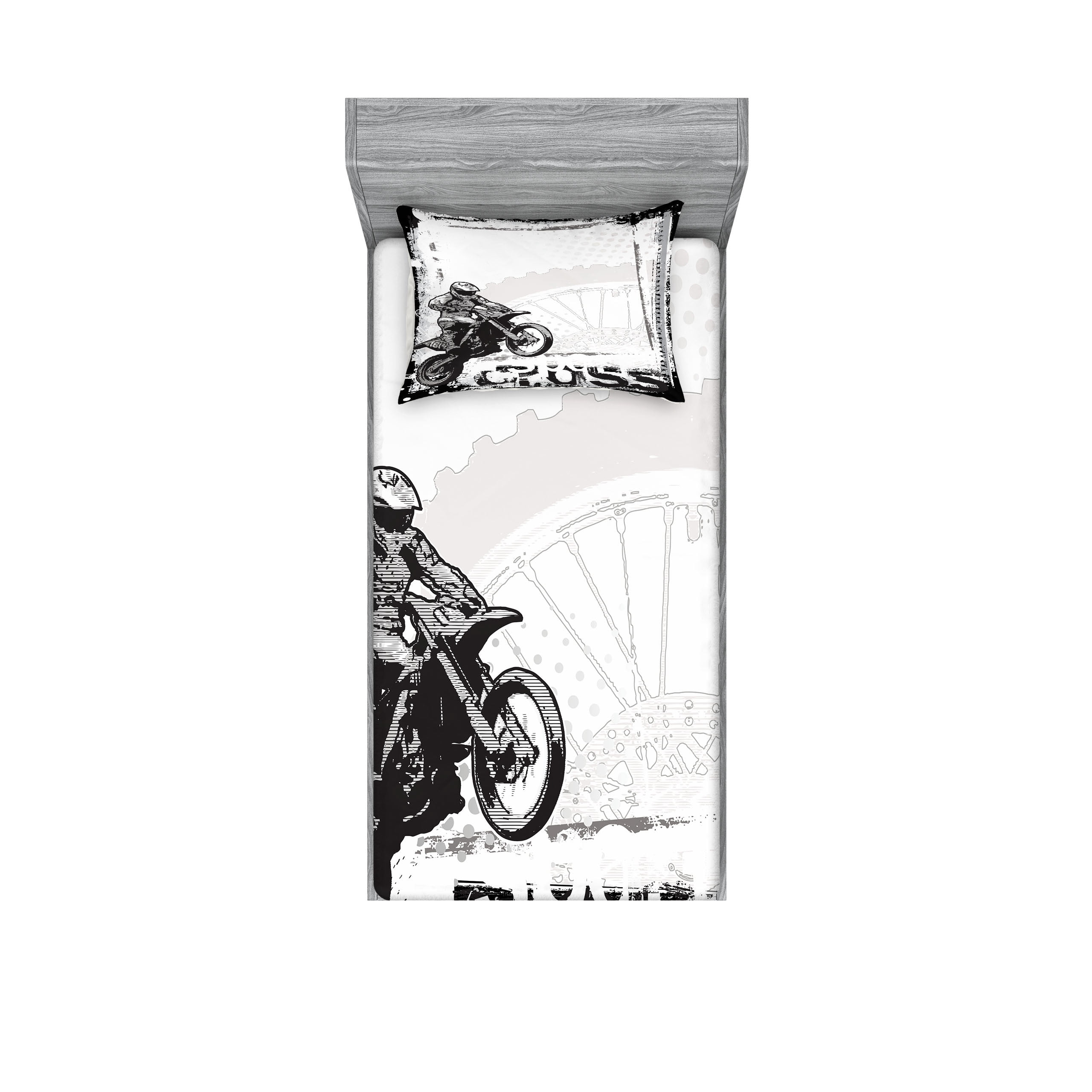 Motorcycle Fitted Sheet & Pillow Sham Set, Motocross Racer Image Grungy ...