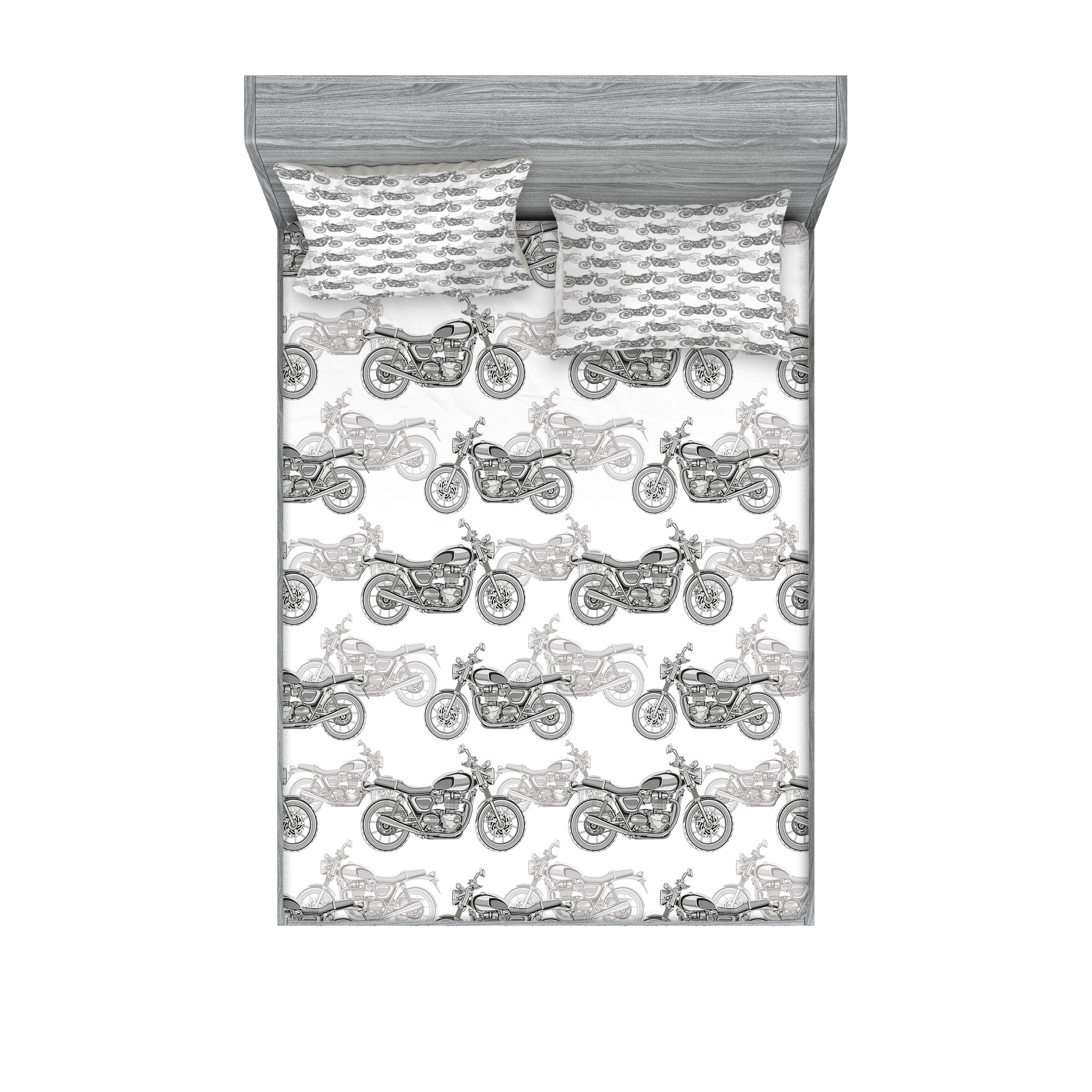 Motorcycle Fitted Sheet & Pillow Sham Set, Realistic Grayscale ...
