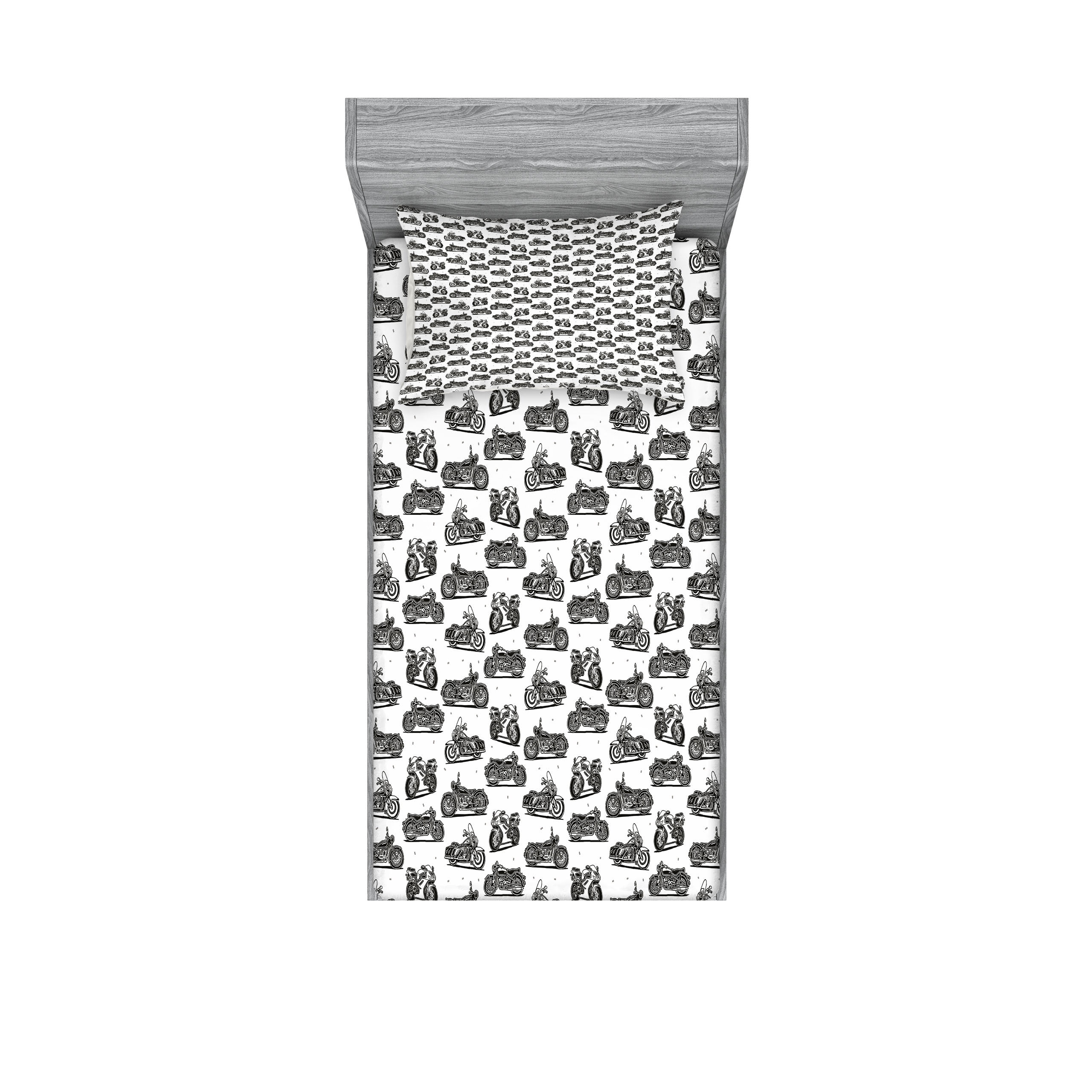 Motorcycle Fitted Sheet & Pillow Sham Set, Retro Motorcycle Drawings of ...