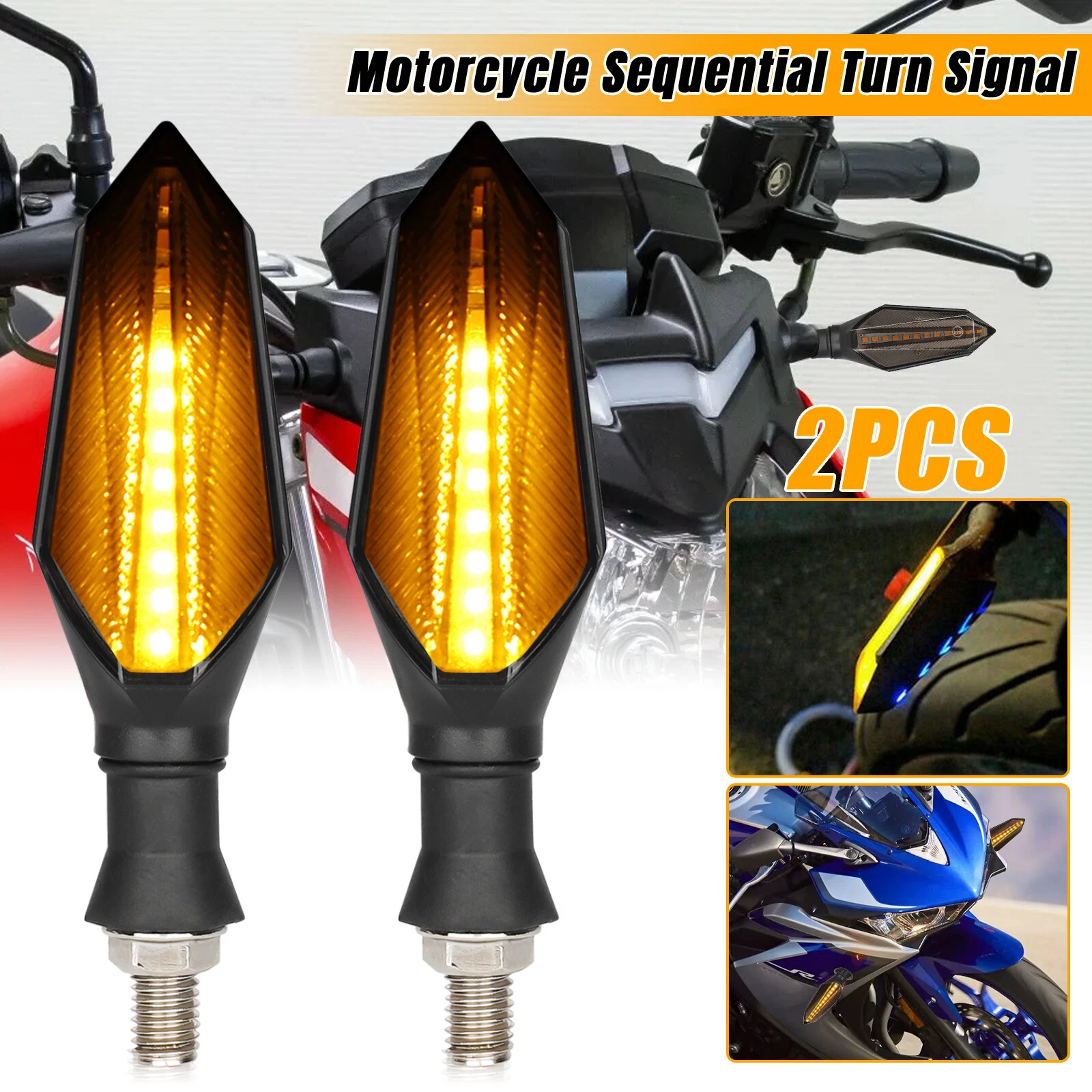Motorcycle LED Turn Signals Lamp Amber Brake Lights Two Side Sequential ...