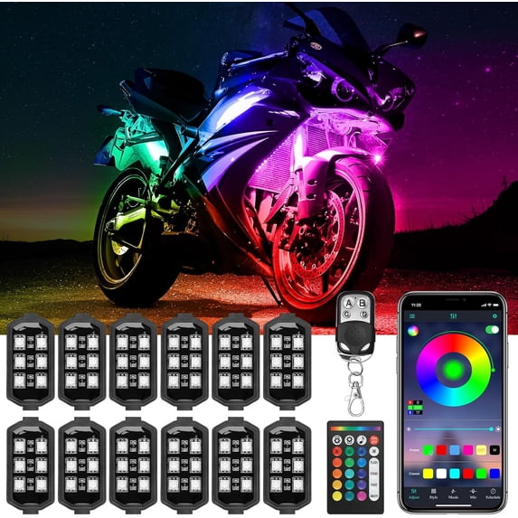 Motorcycle LED Underglow Kit, 12 Pcs APP Control RGB 16 Million Color ...
